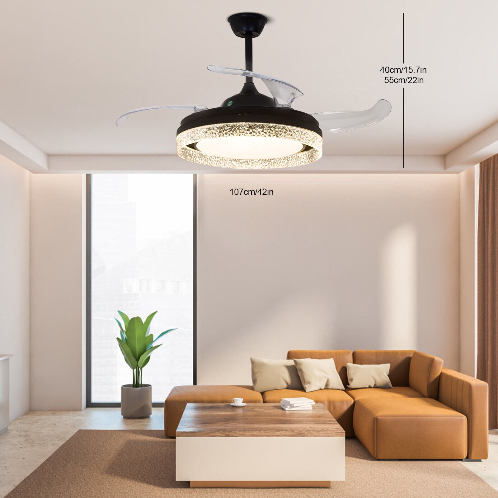 42 Inch Modern Black Ceiling Fan with Retractable Hidden Blades with ...