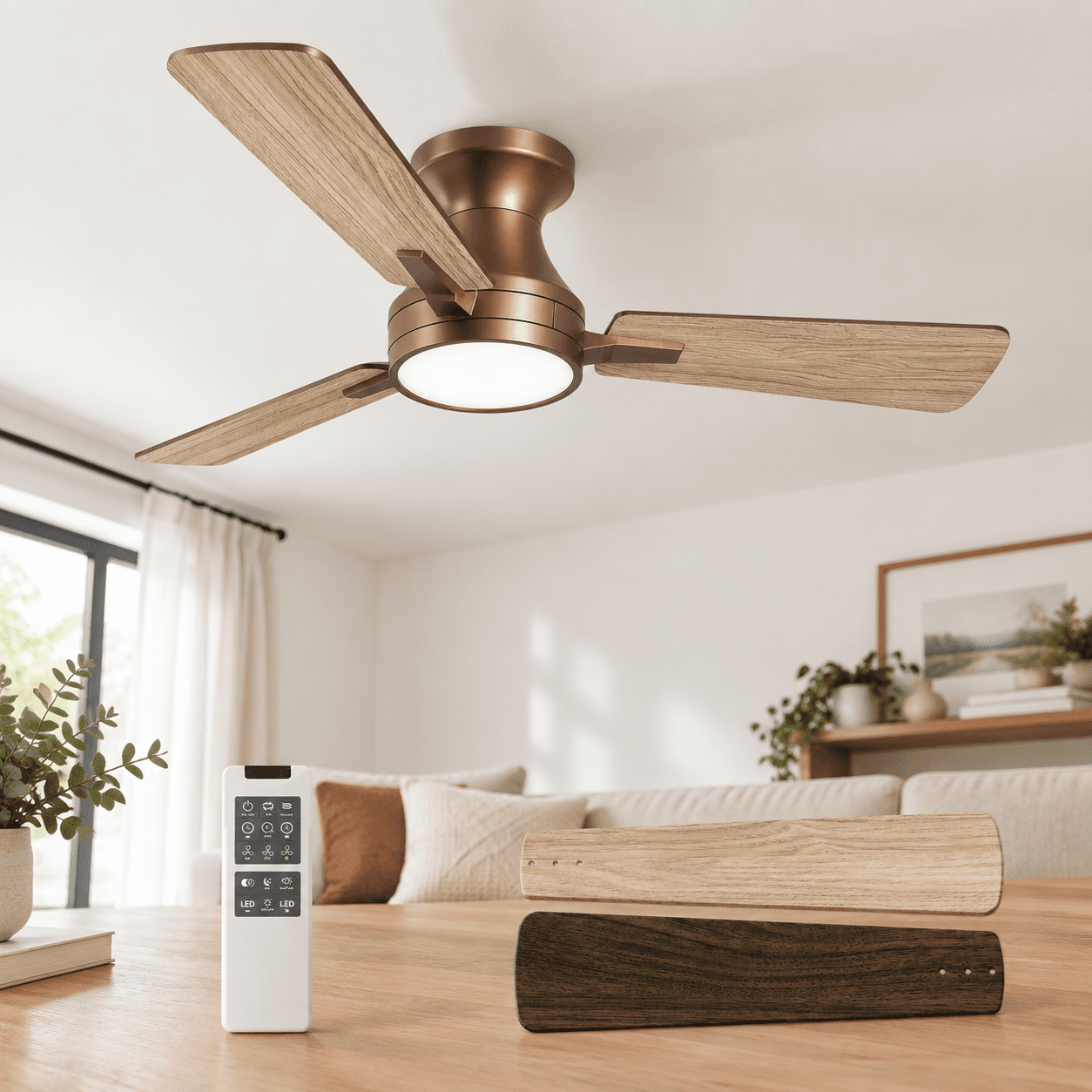 42 Inch Modern Brown Low Profile Ceiling Fan With Light And Remote ...