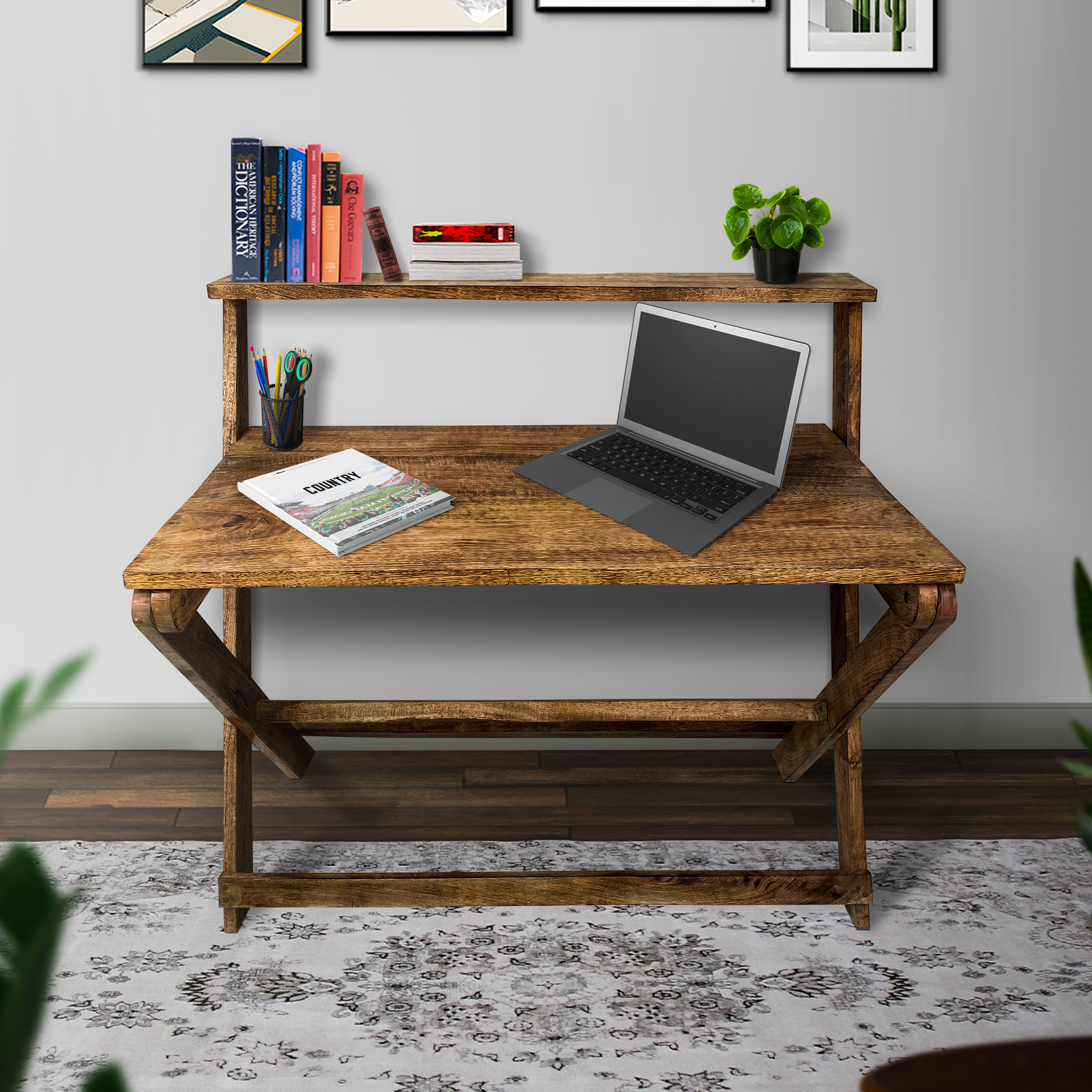 42 Inch Rectangular Mango Wood Home Office Desk, Top Shelf, X Shaped ...