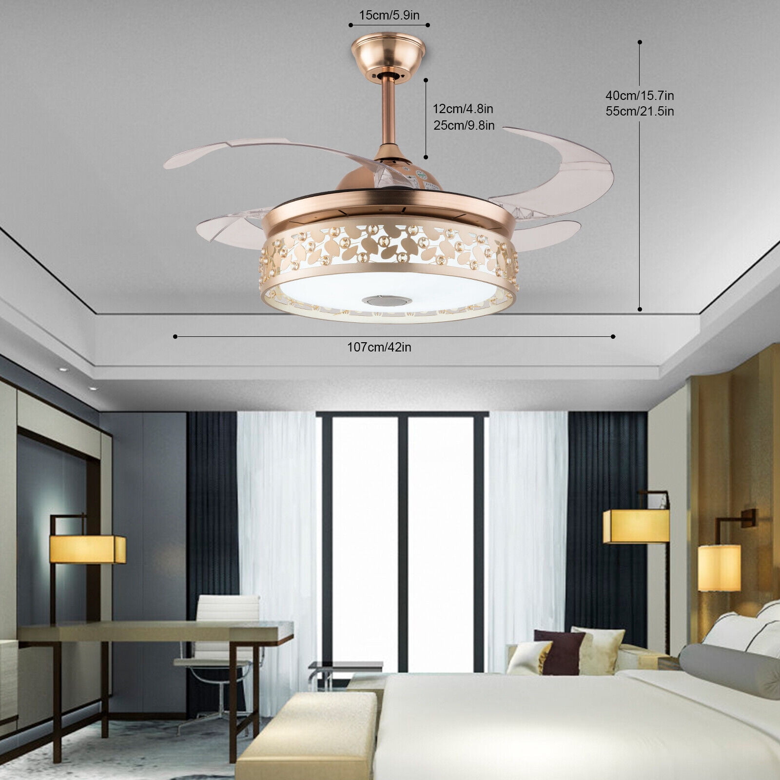 42 Inch Retractable Invisible Ceiling Fan with Light and Bluetooth ...