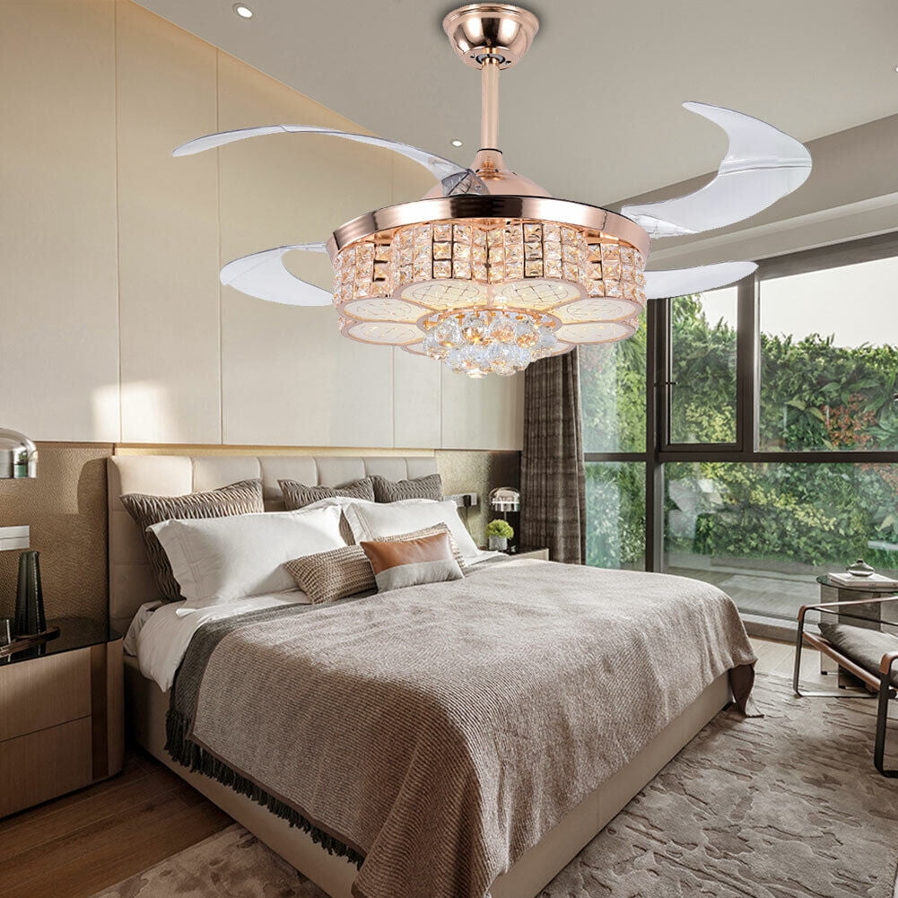 42 Inch Rose Gold Dimmable Fandelier Modern Crystal Ceiling Fans with ...