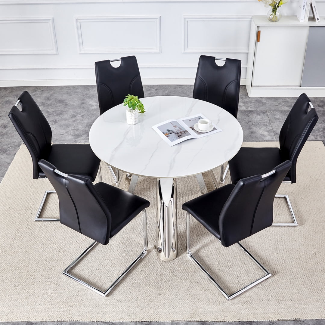 42-Inch Round Dining Table and 6 Chair Set with Sintered Stone Tabletop ...