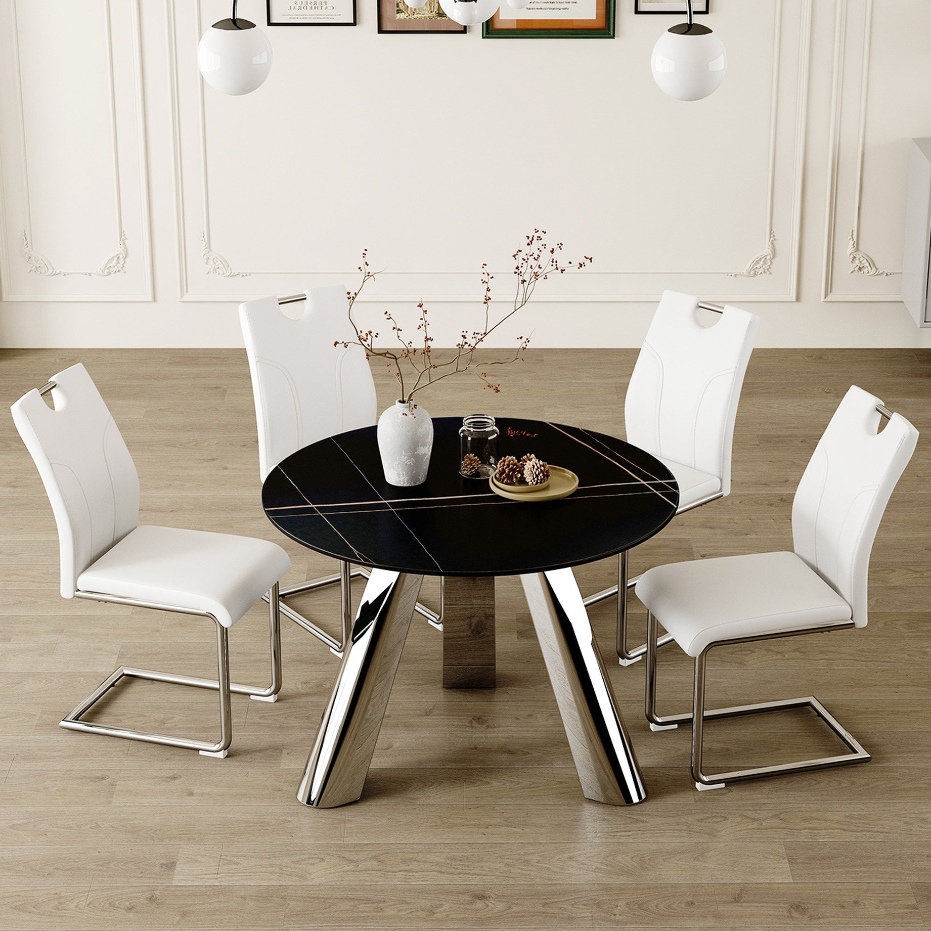 42-Inch Round Dining Table Set, 4 White Chairs with Silver Metal Legs ...