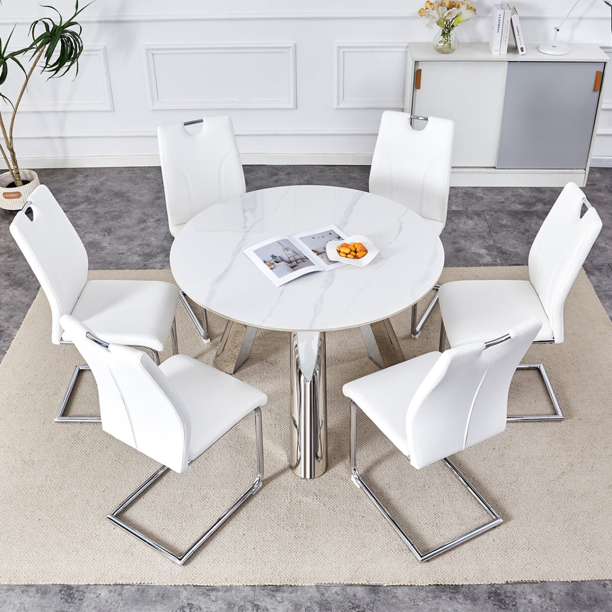 42-Inch Round Dining Table Set with 6 Chairs - Durable Sintered Stone ...