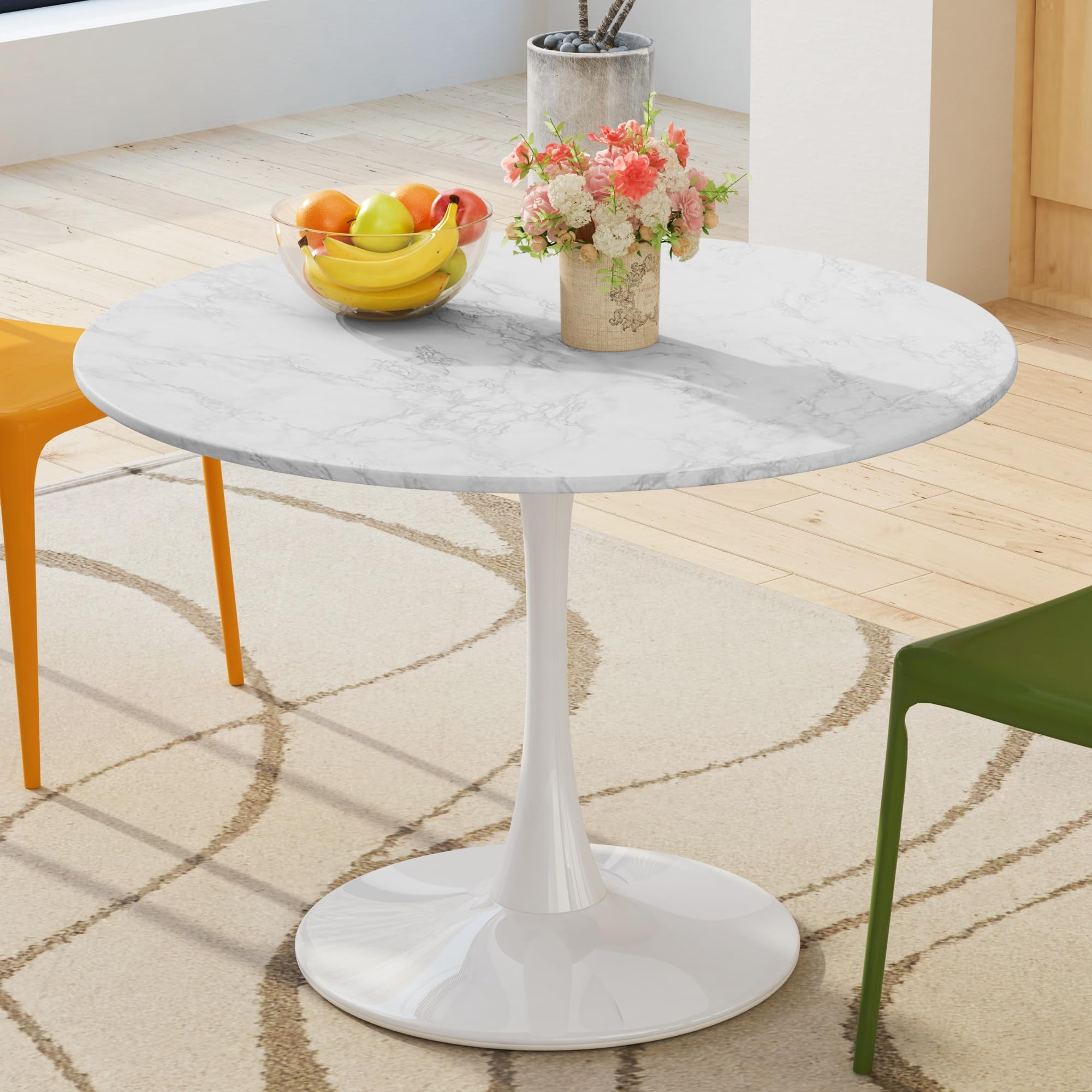 42 Inch Round Dining Table with Printed Marble Top, Sturdy Metal Base ...