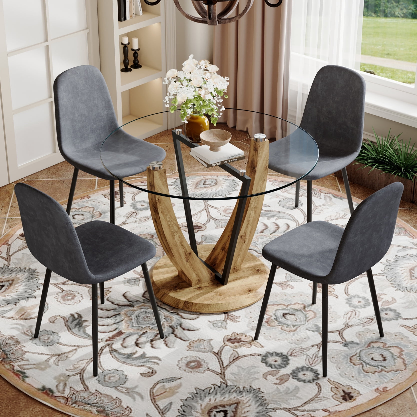 42 Inch Round Tempered Glass Dining Table Set with 4 Fabric Chairs, V ...