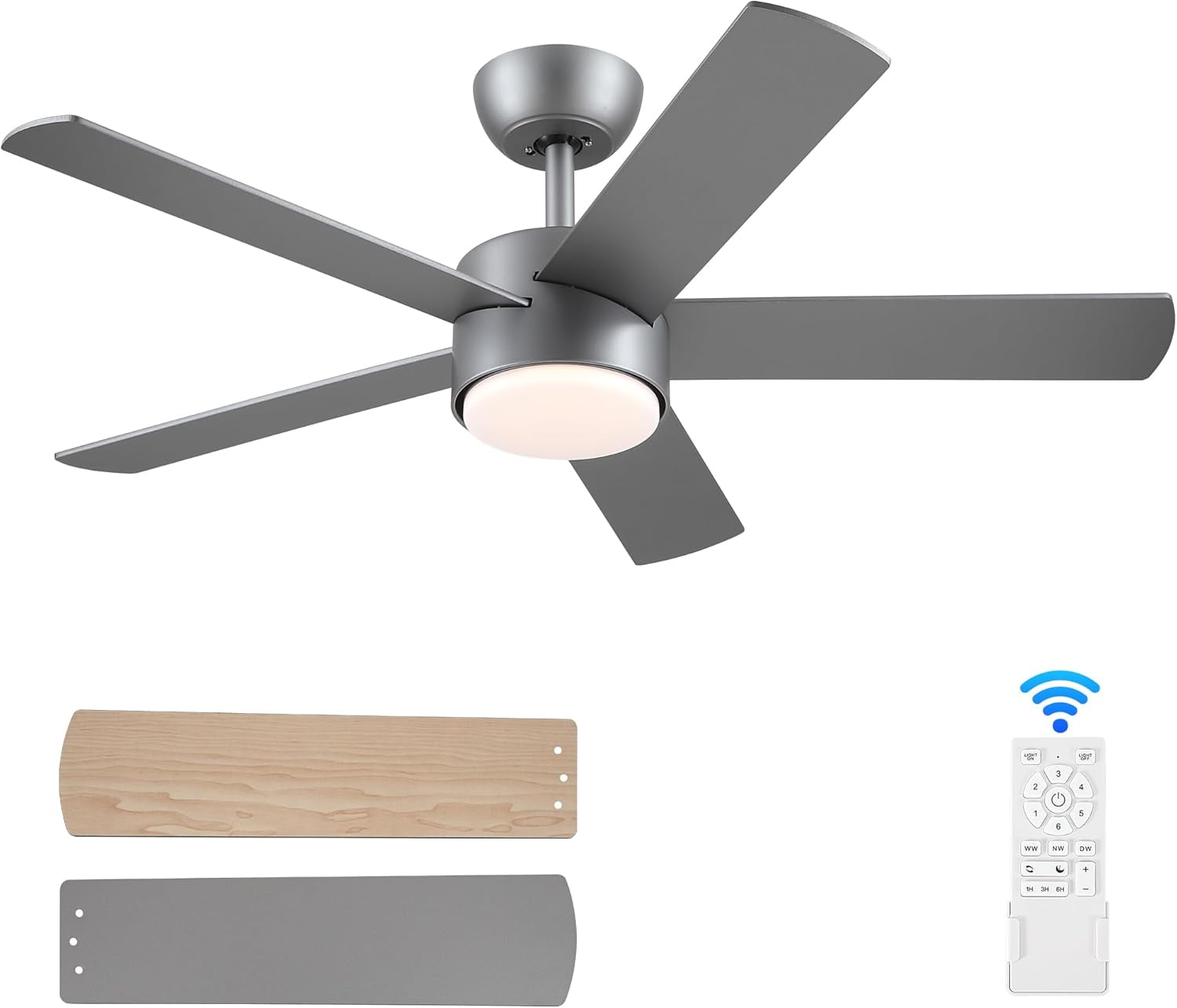 42 Inch Silver Ceiling Fans with Lights and Remote Control, LED Ceiling ...