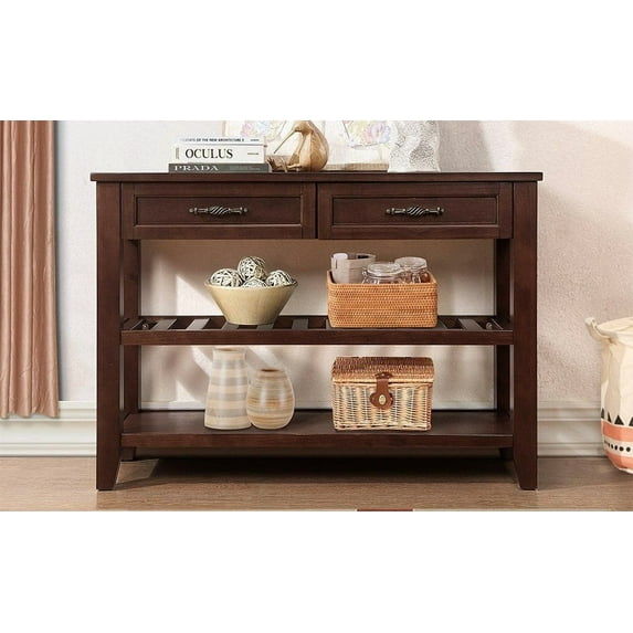 42 Inch Solid Wood Mid-Century Console Table with 2 Drawers & Shelves ...