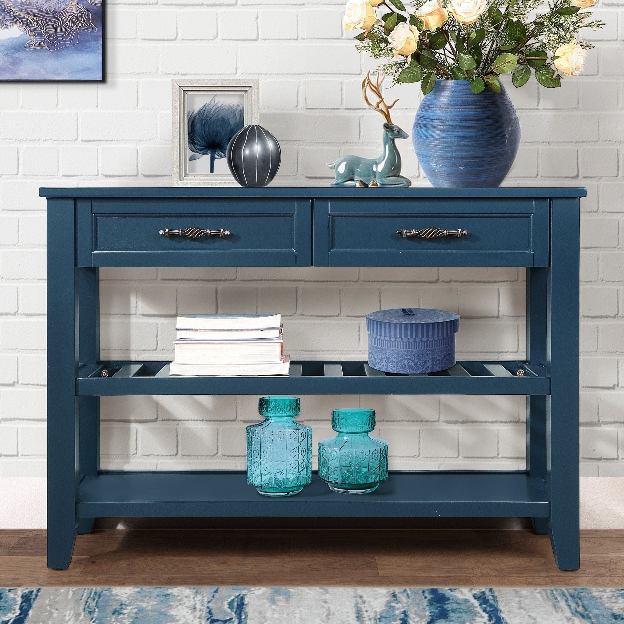 42 inch Solid Wood Mid-Century Console Table with 2 Drawers & Shelves ...