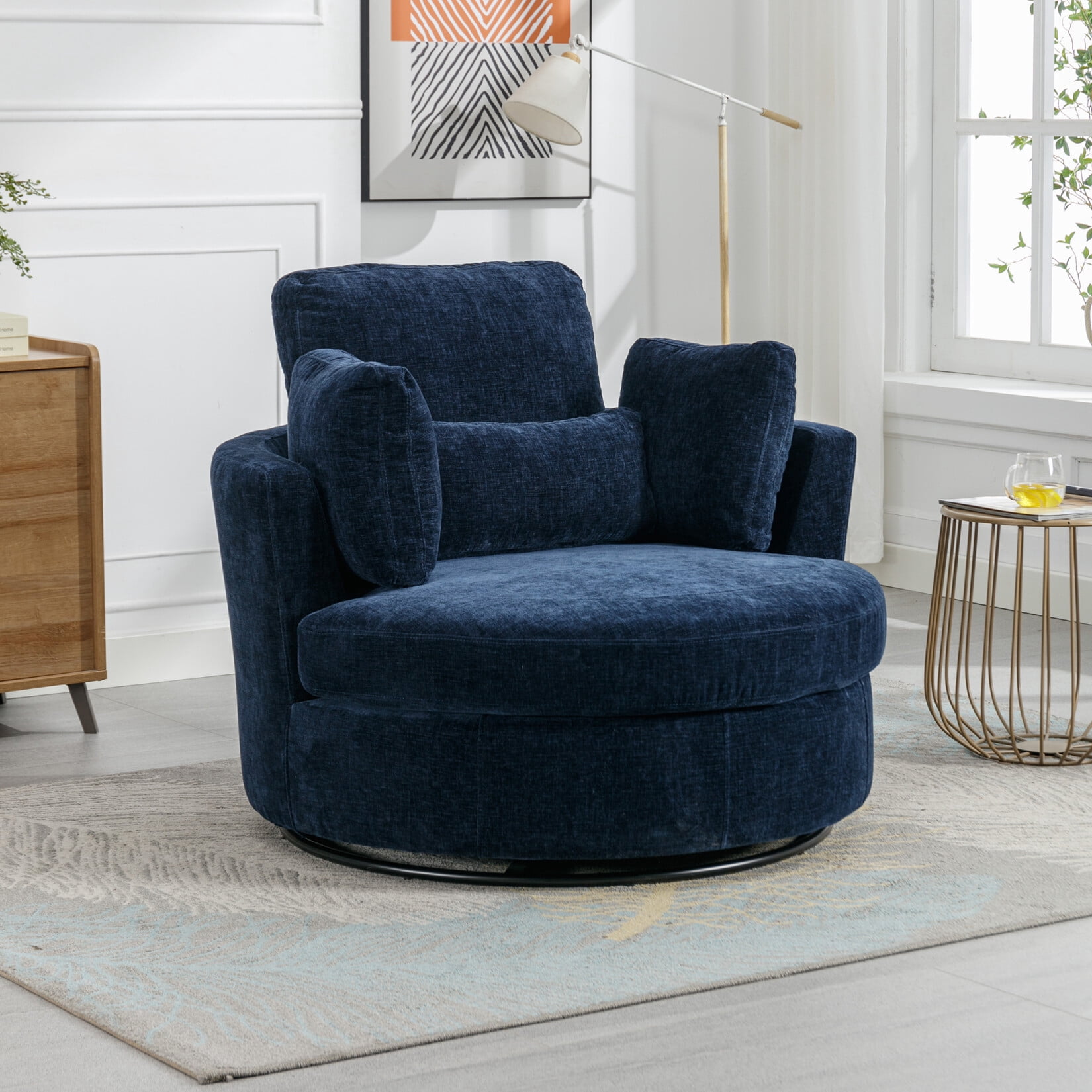 42 Inch Swivel Accent Barrel Chair, Half Swivel Sofa with 3 Pillows ...