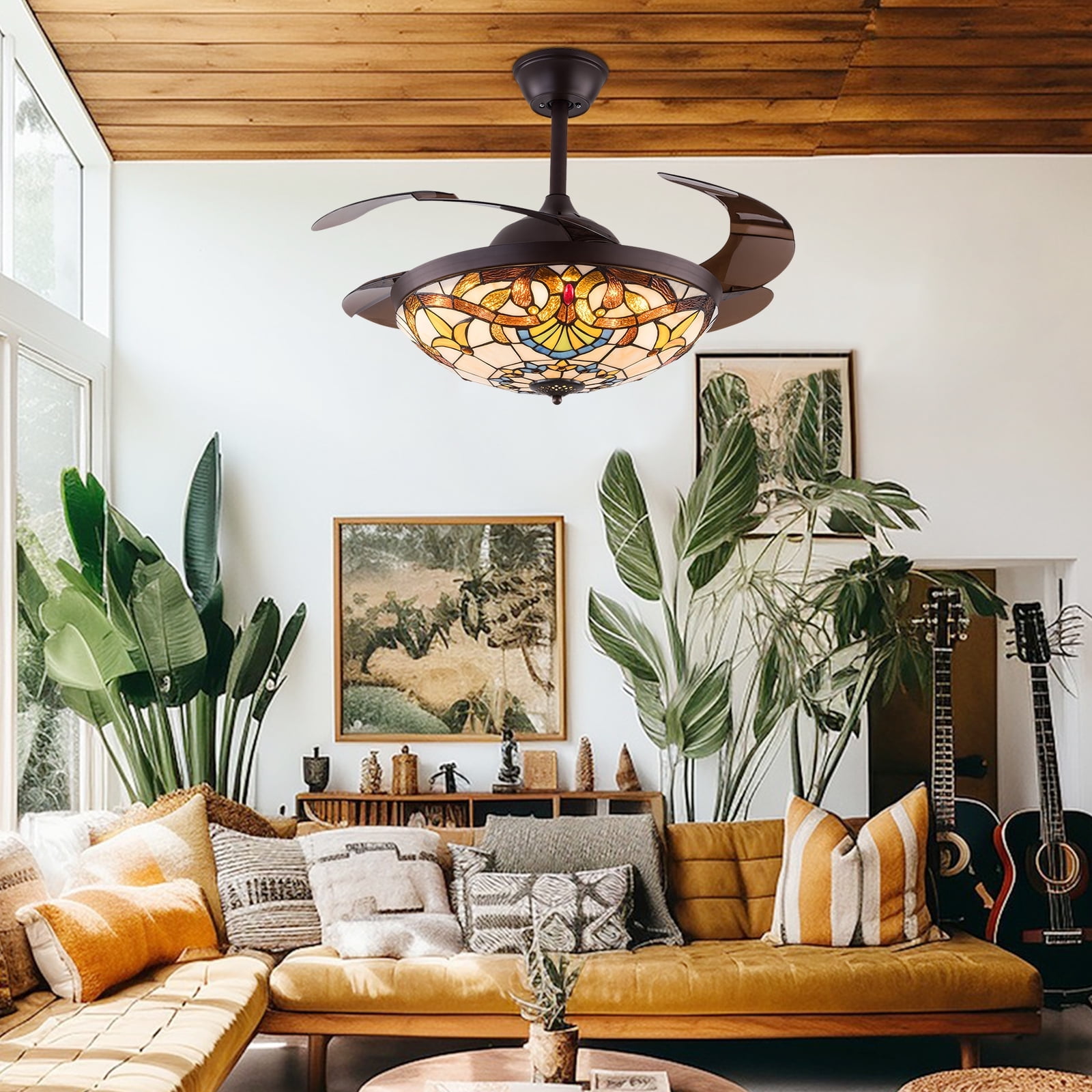 42" Indoor Retractable Reversible Stained Glass Ceiling Fan w/ Light ...
