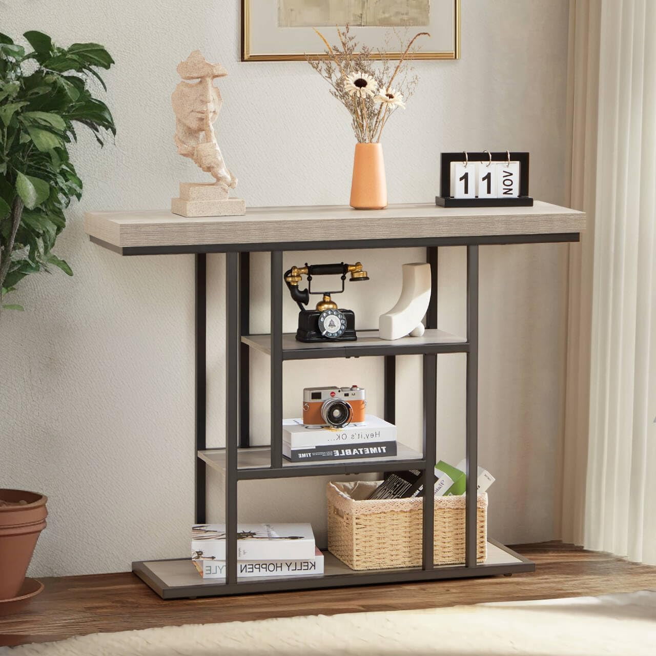 42" Industrial Console Table, Narrow 4-Tier Wood Entryway Table for ...