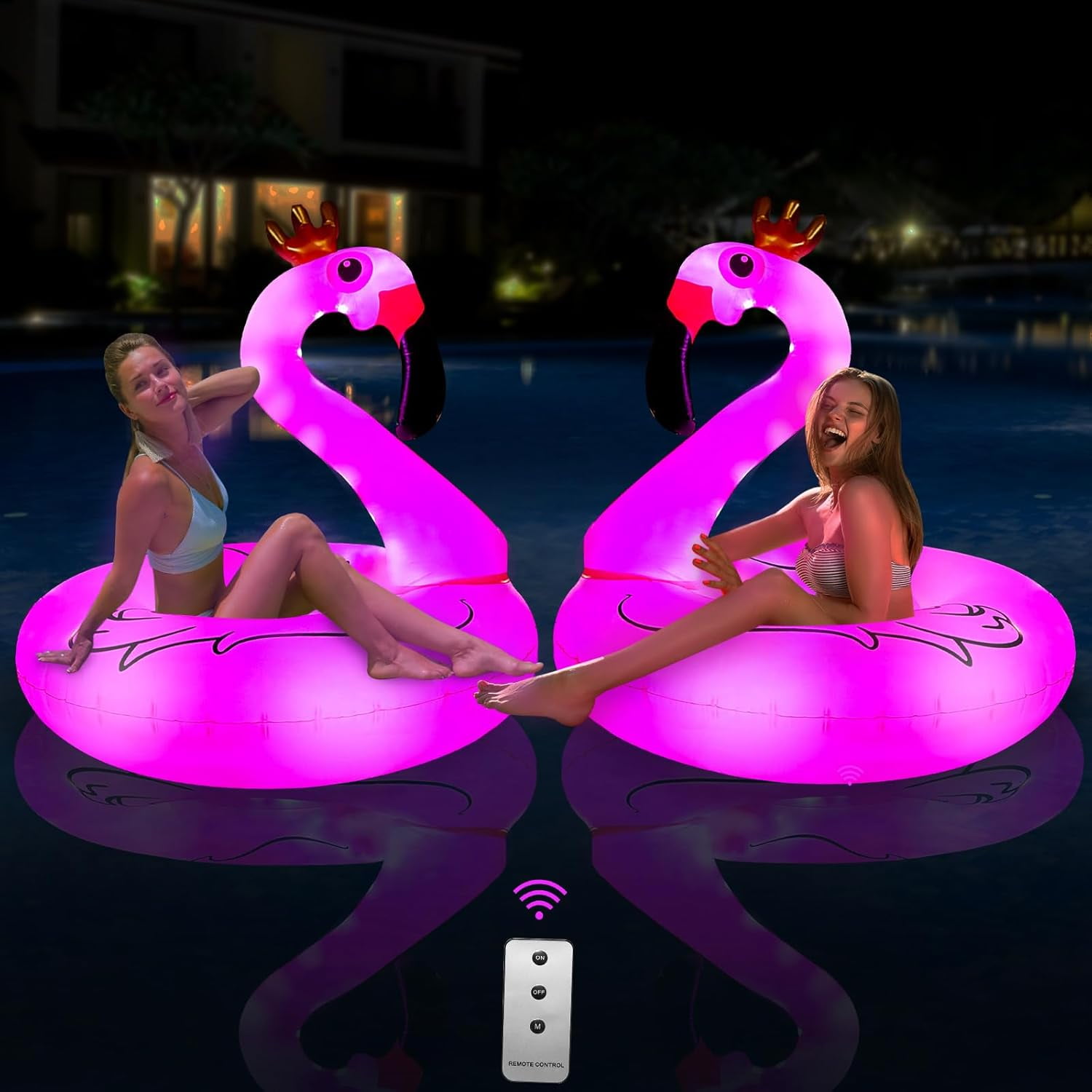 42" Inflatable Flamingo Pool Float with Lights, Solar Powered Flamingo Swim Tube Rings, Large ...