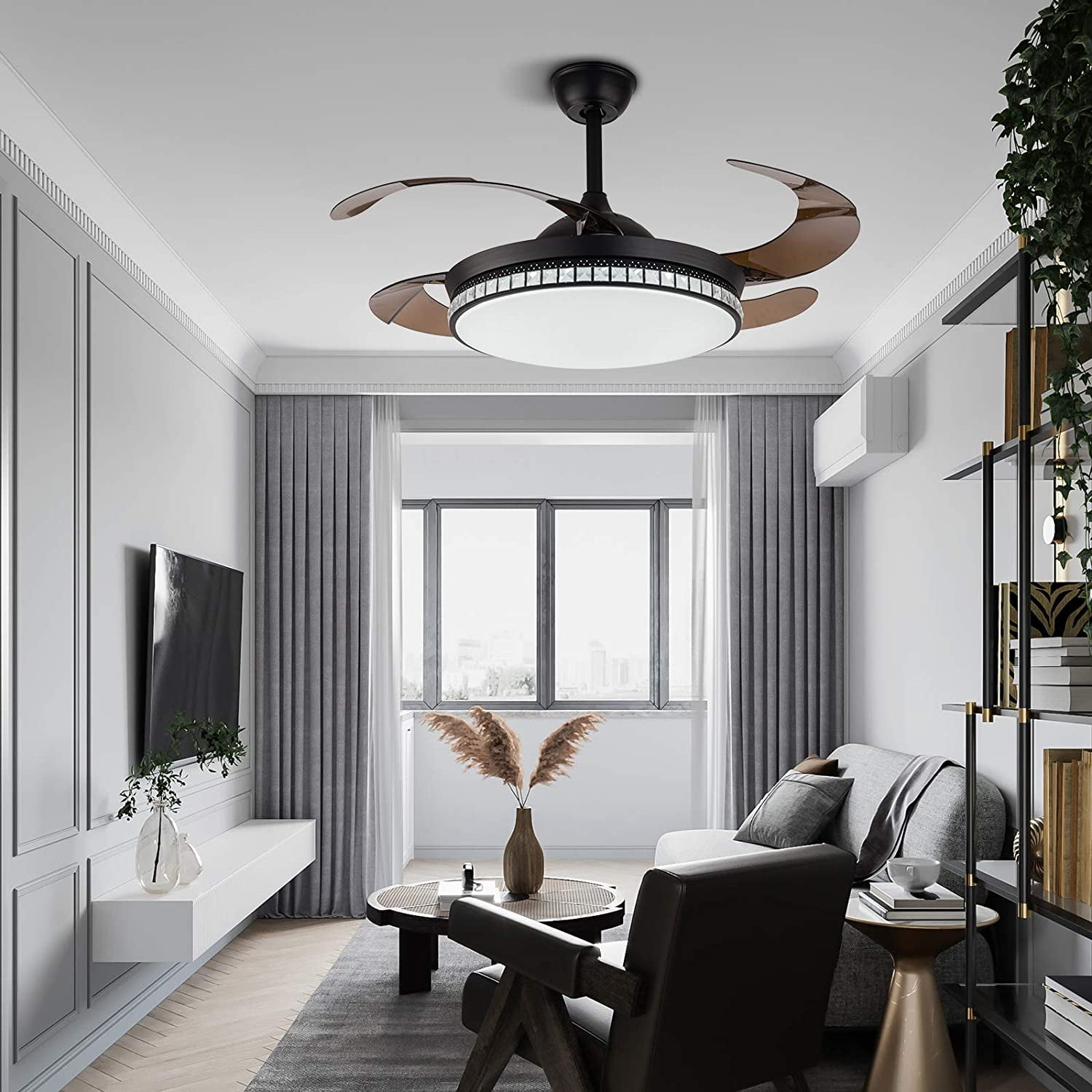 42" Invisible Ceiling Fan LED Lights with Remote, Modern Crystal Rings ...