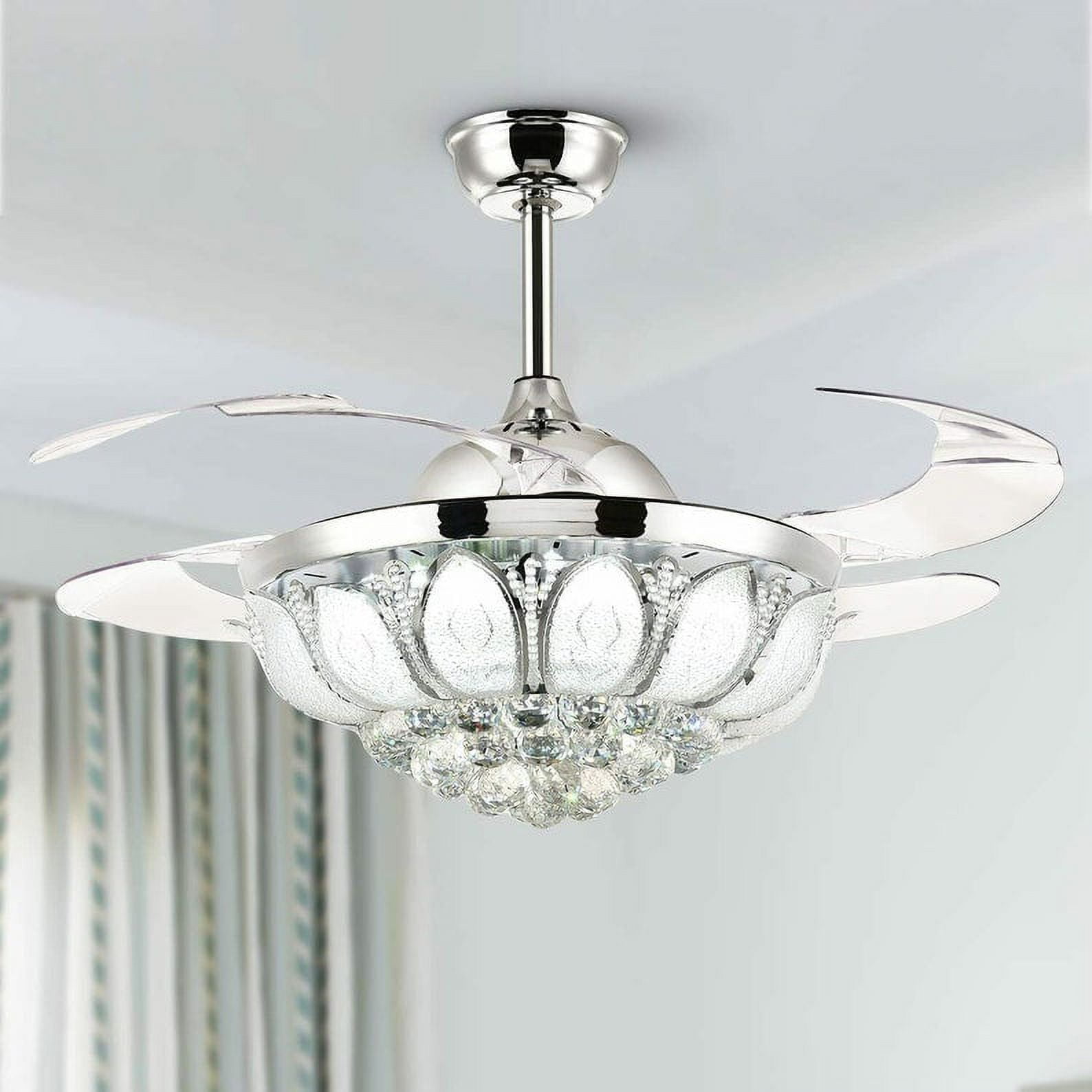42" Invisible Ceiling Fan with Light Retractable Dimmable Crystal ...