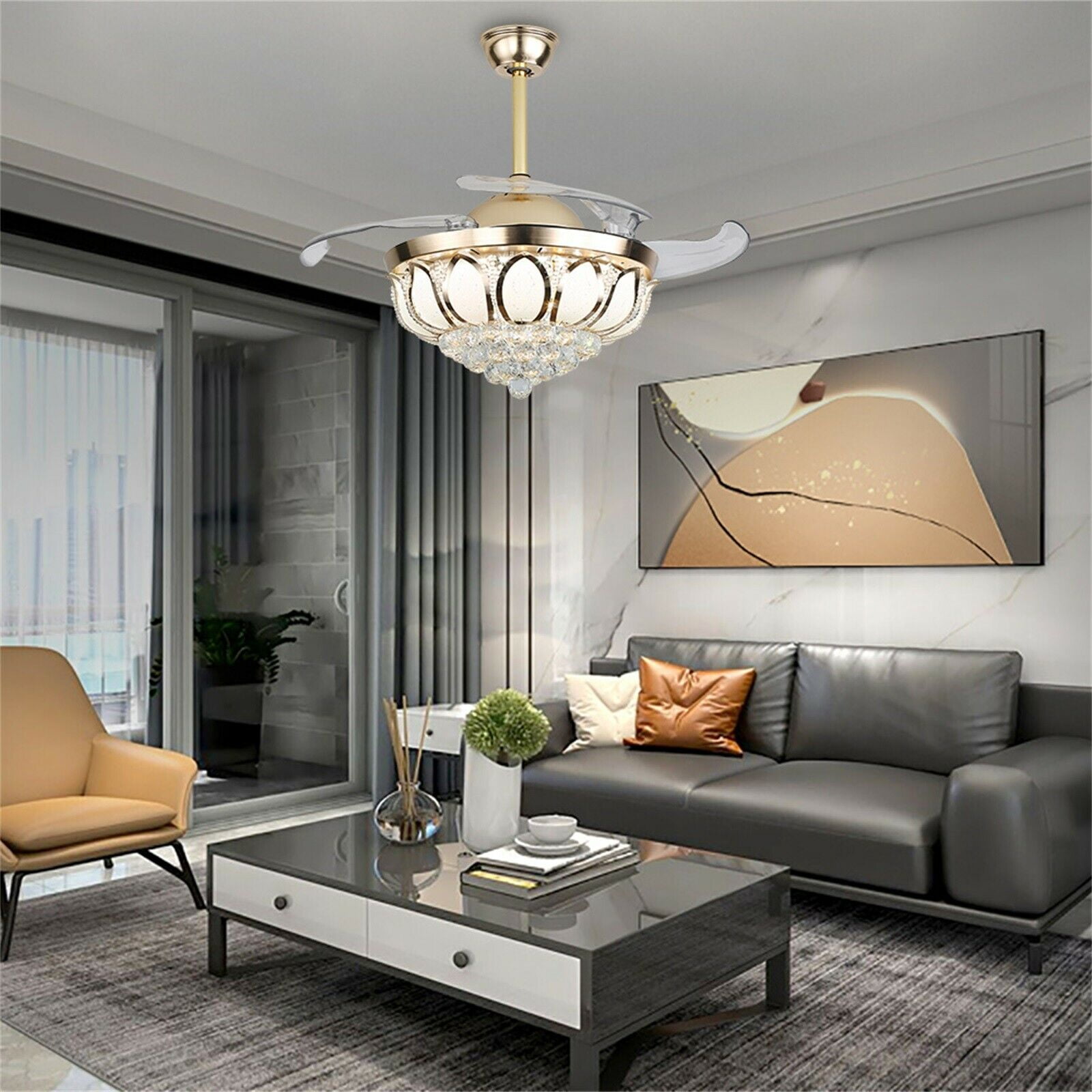 42" Invisible LED Ceiling Fan Lamp Crystal Chandelier Pendant And ...
