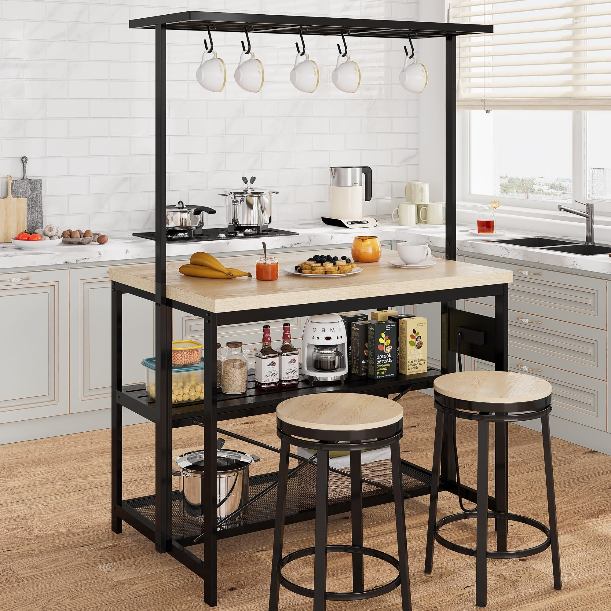 42" Kitchen Island with 3-Tier Shelves and 5 Hooks - Multi-Functional ...
