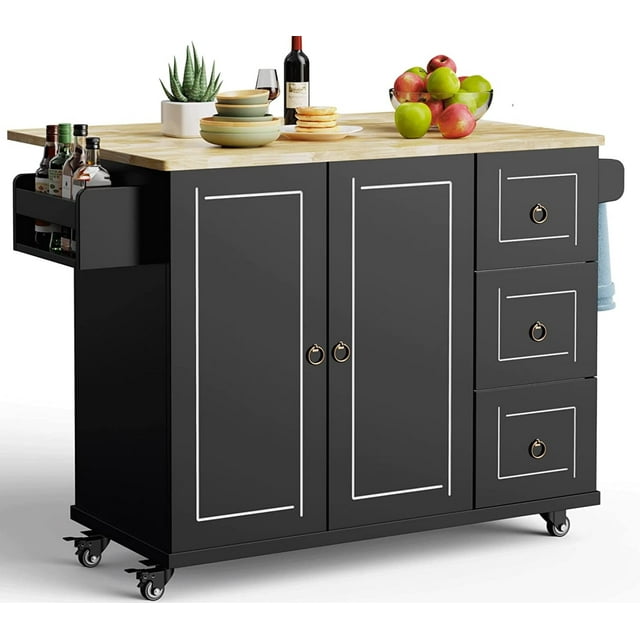 "42"" Movable Kitchen Islands Cart, Black, Portable with Large Storage ...