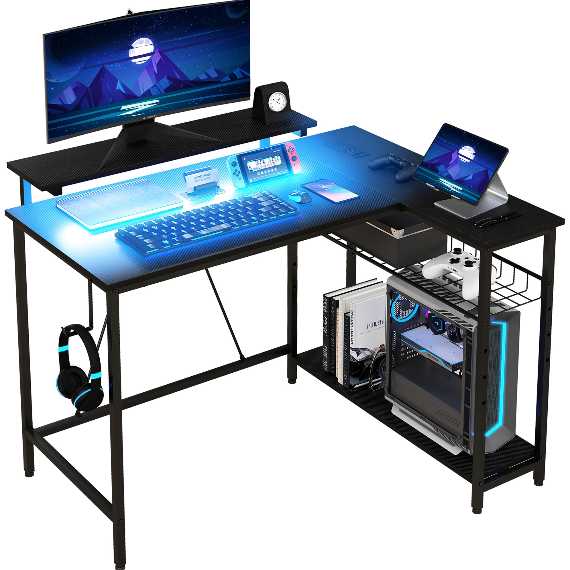 42" L Shaped Computer Desk With Led Lights, Power Sockets, - Black ...