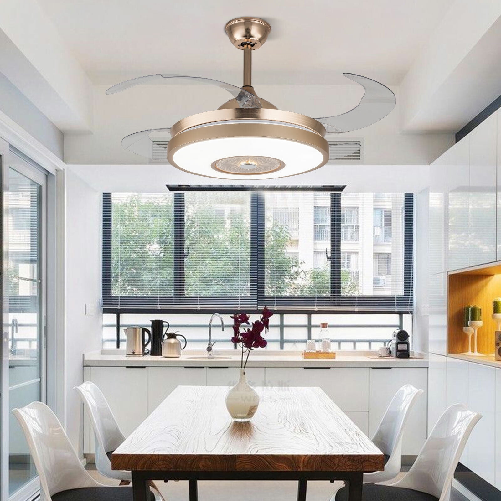 42"LED Ceiling Fan Light Dimming Chandelier 3-Speed Retractable Fan ...