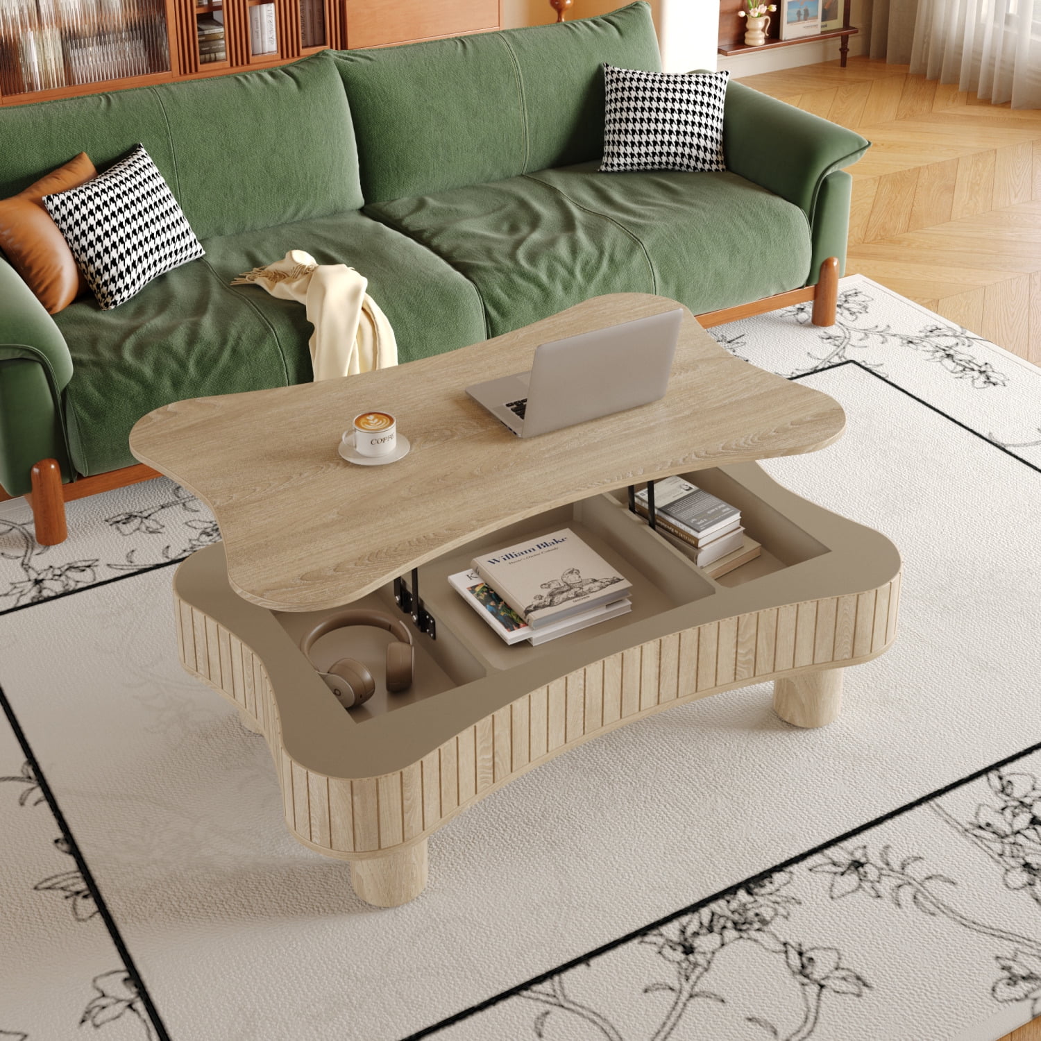 42" Lift Top Coffee Table with 3 Storage, Fluted Panel Tabletop with ...