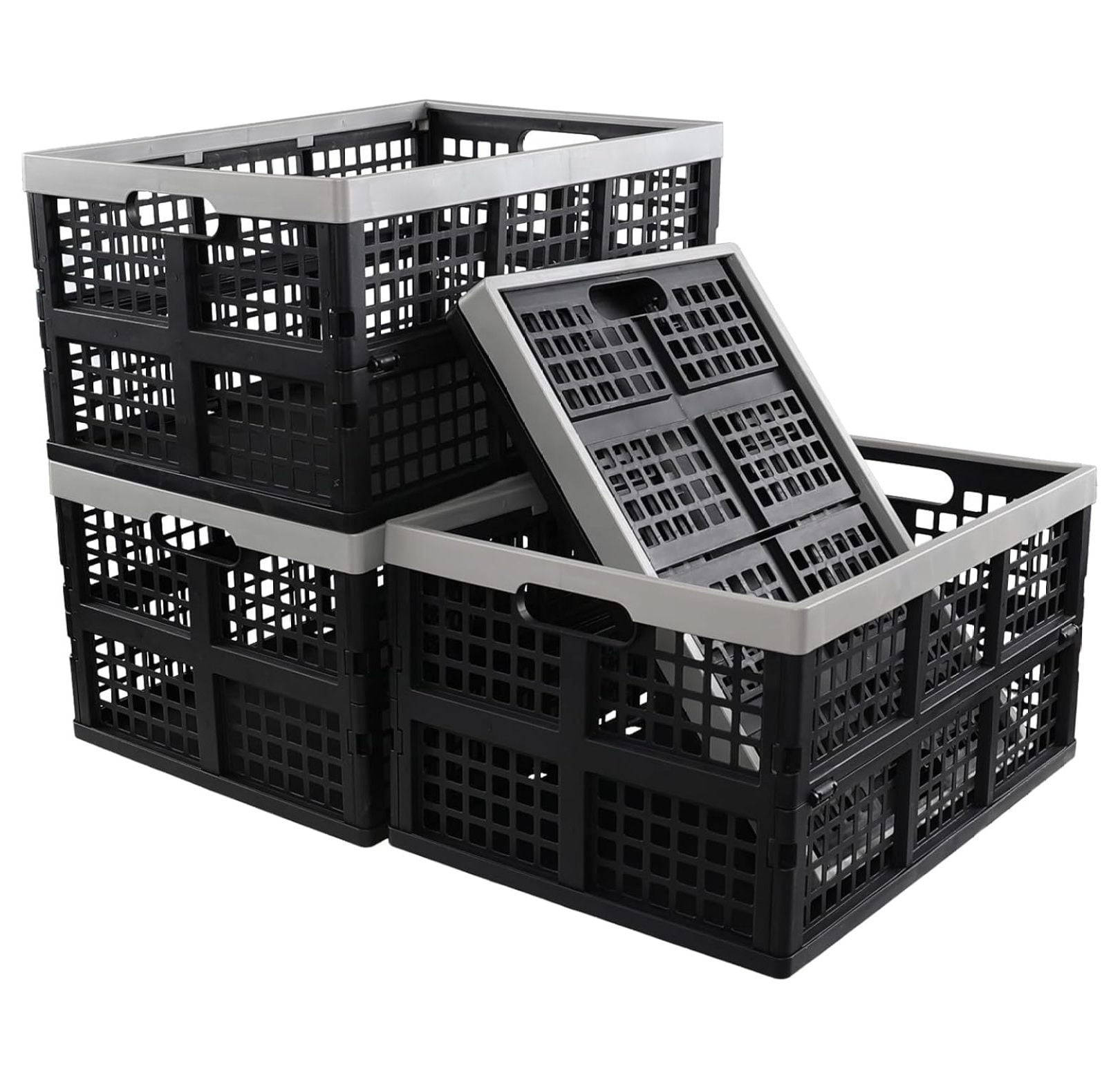 42 Liter Collapsible Storage Crates, Large Black Plastic Stackable ...