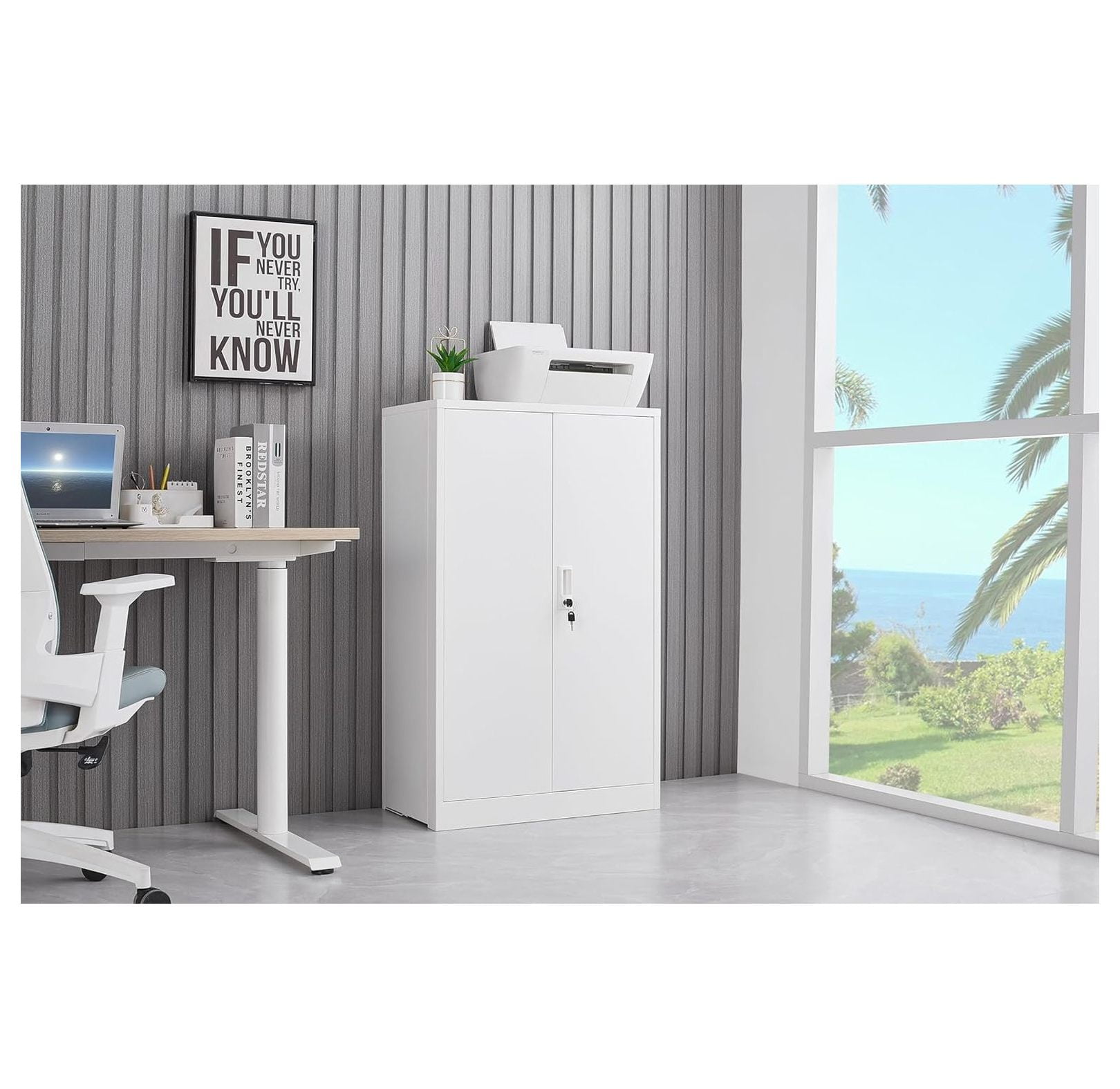 42" Metal Storage Cabinet with 2 Locking Doors and 3 Adjustable Shelves ...