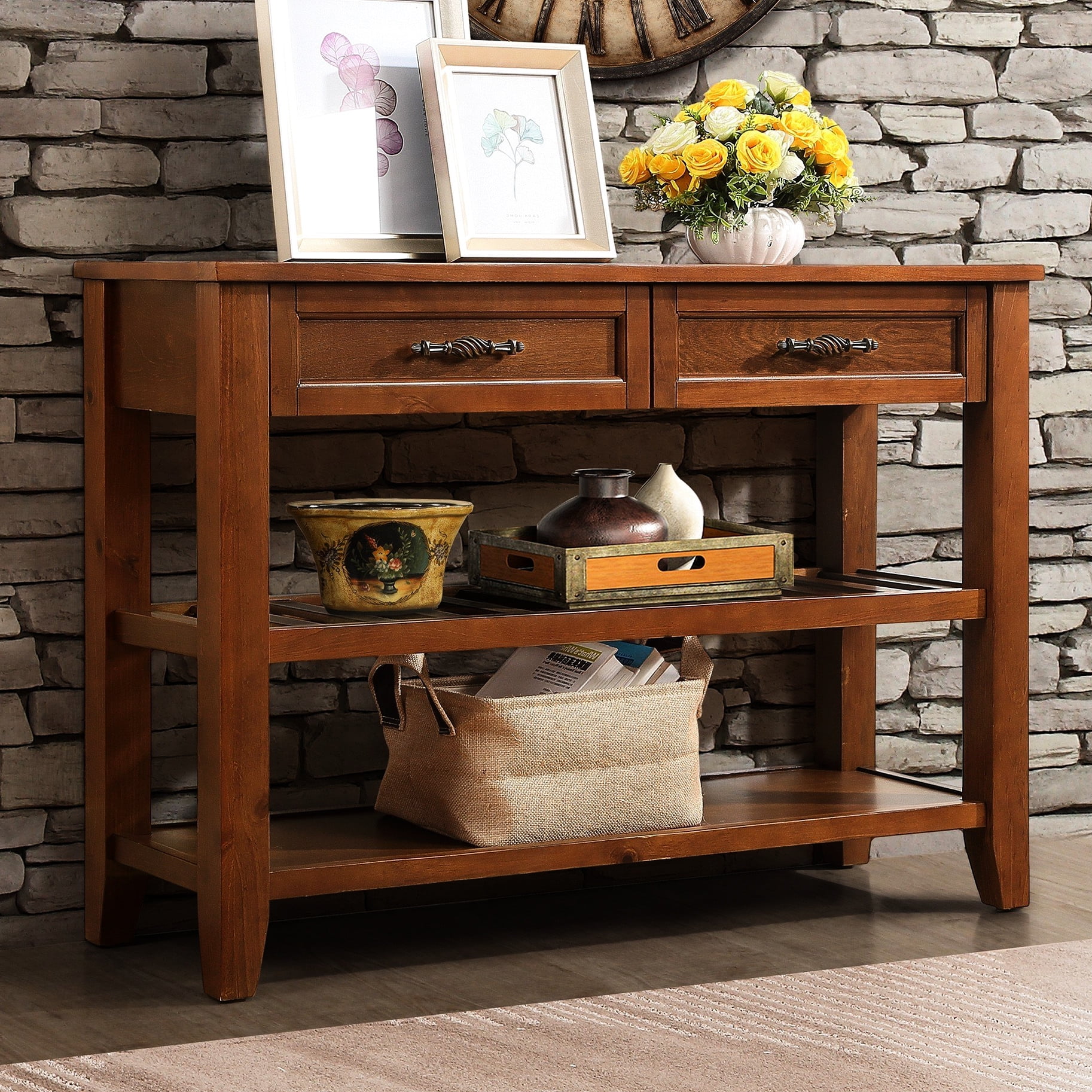 42'' Mid-century Console Table With Solid Wood Construction, 2 Drawers ...