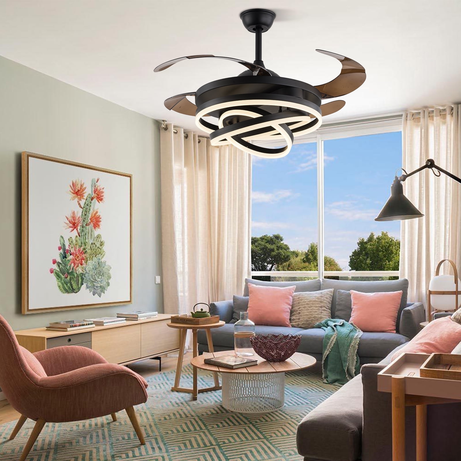 42" Modern Ceiling Fan with Light and Remote Control, Indoor 3-Ring 4 ...