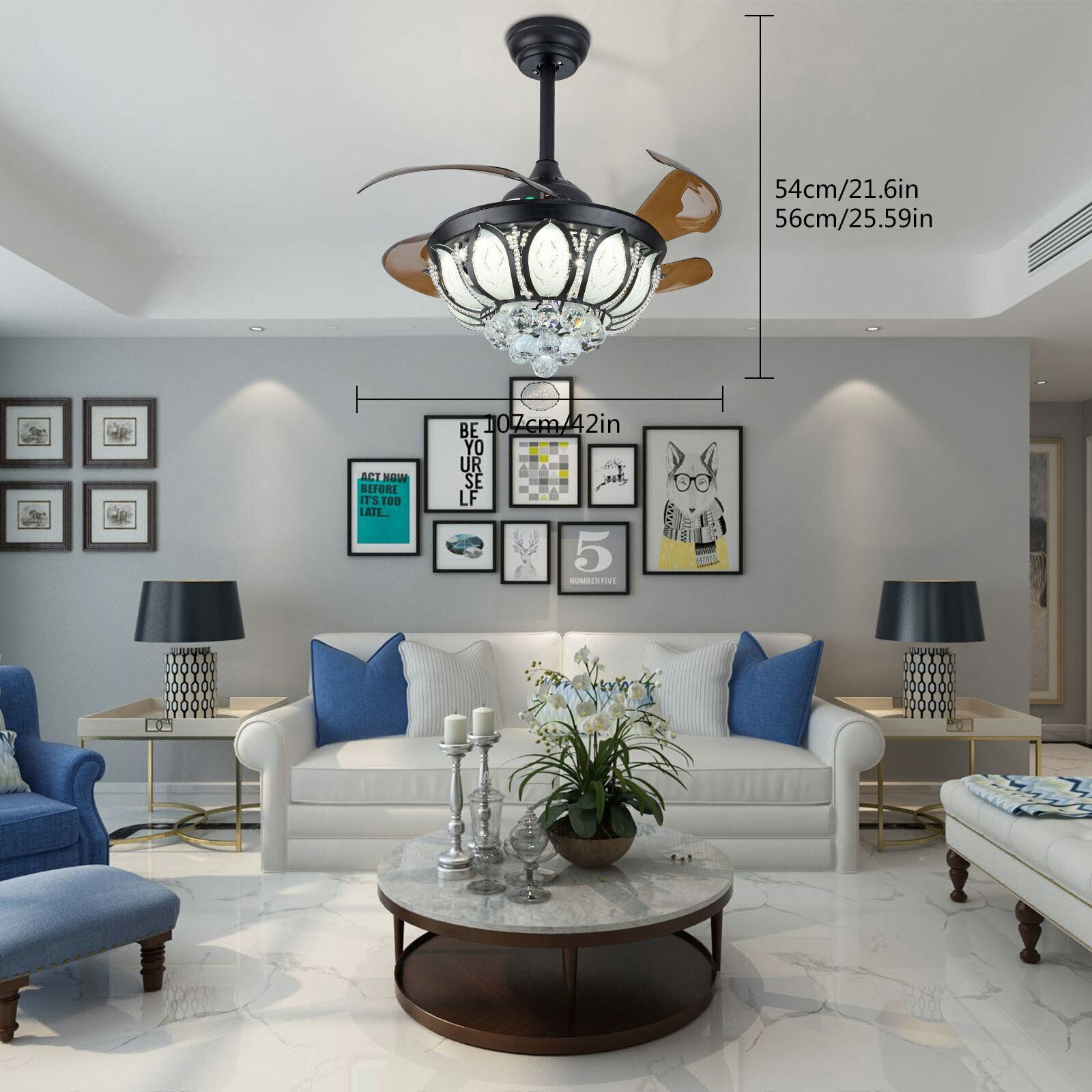 42" Modern Ceiling Fan Light Retractable LED Chandelier Dimmable Fan Lamp w/Remote Control ...