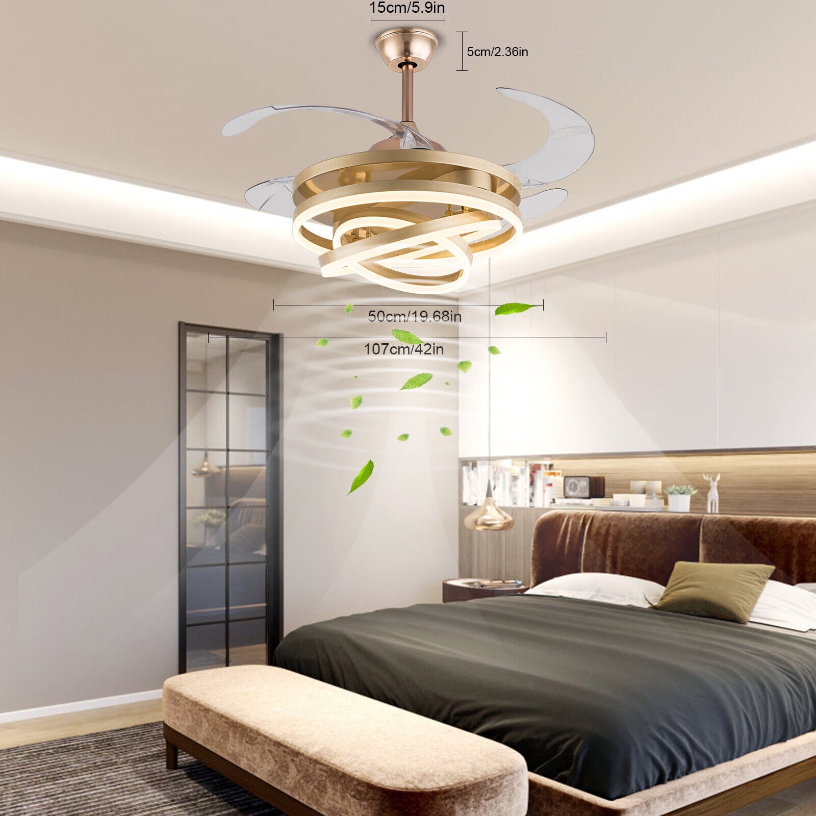 42" Modern Gold Chandelier Invisible Ceiling Fan Light w/ 3-Color LED ...