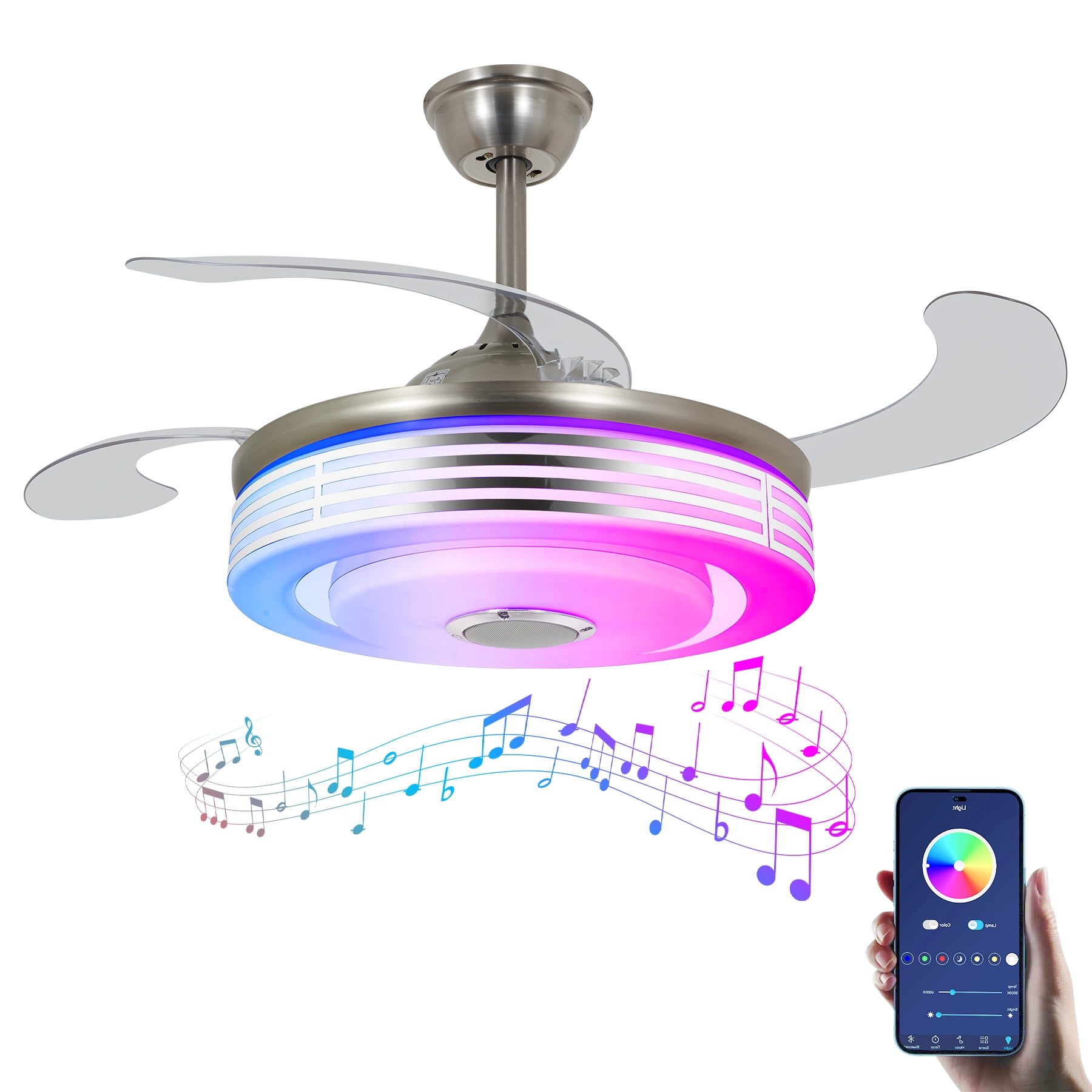 42" Modern Invisible Ceiling Fan with Color-Changing LEDs & Bluetooth ...