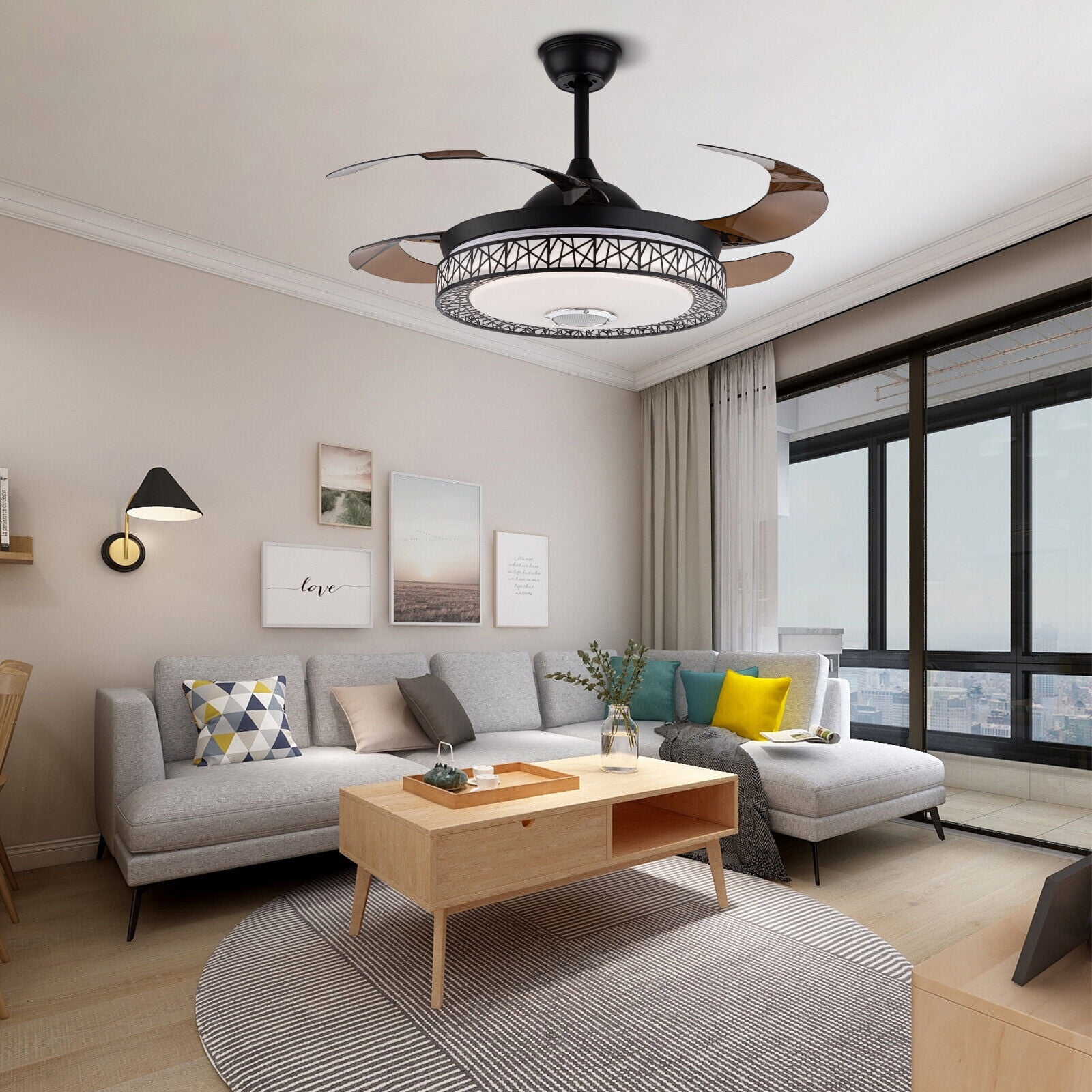 42” Modern Retractable Ceiling Fan Light Bluetooth Music LED Chandelier ...