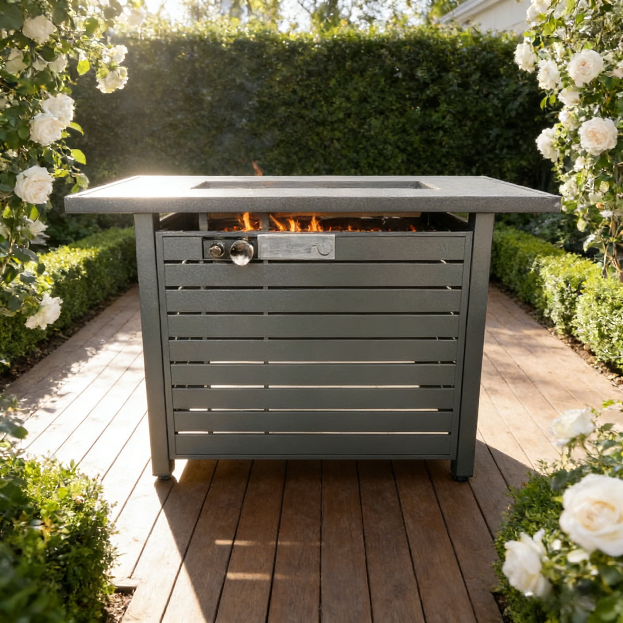 42'' Modern Steel Outdoor Fire Pit Table - 50000 BTU Push-Button ...