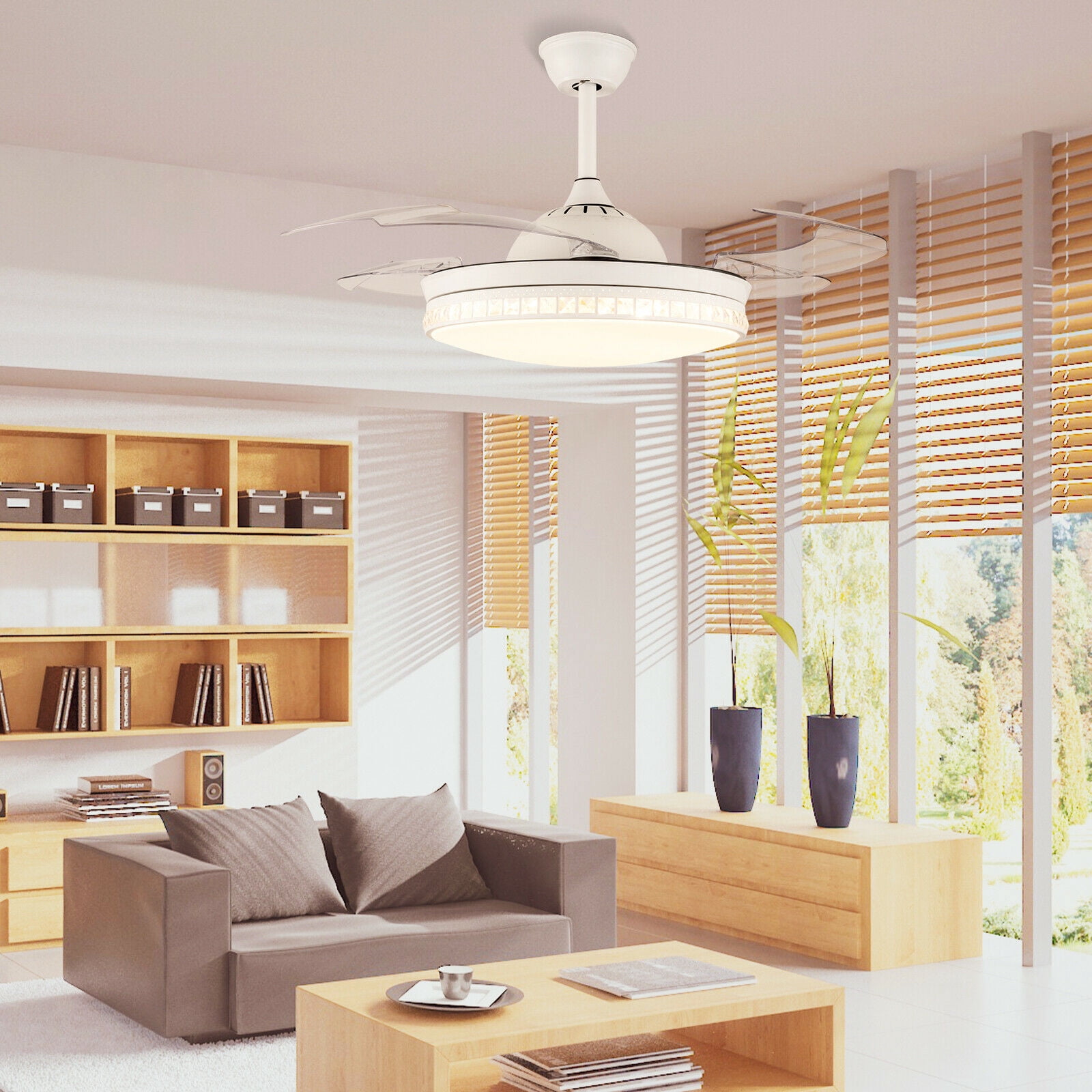 42"Modern invisible Indoor Ceiling Fan With LED Light Crystal Ceiling ...
