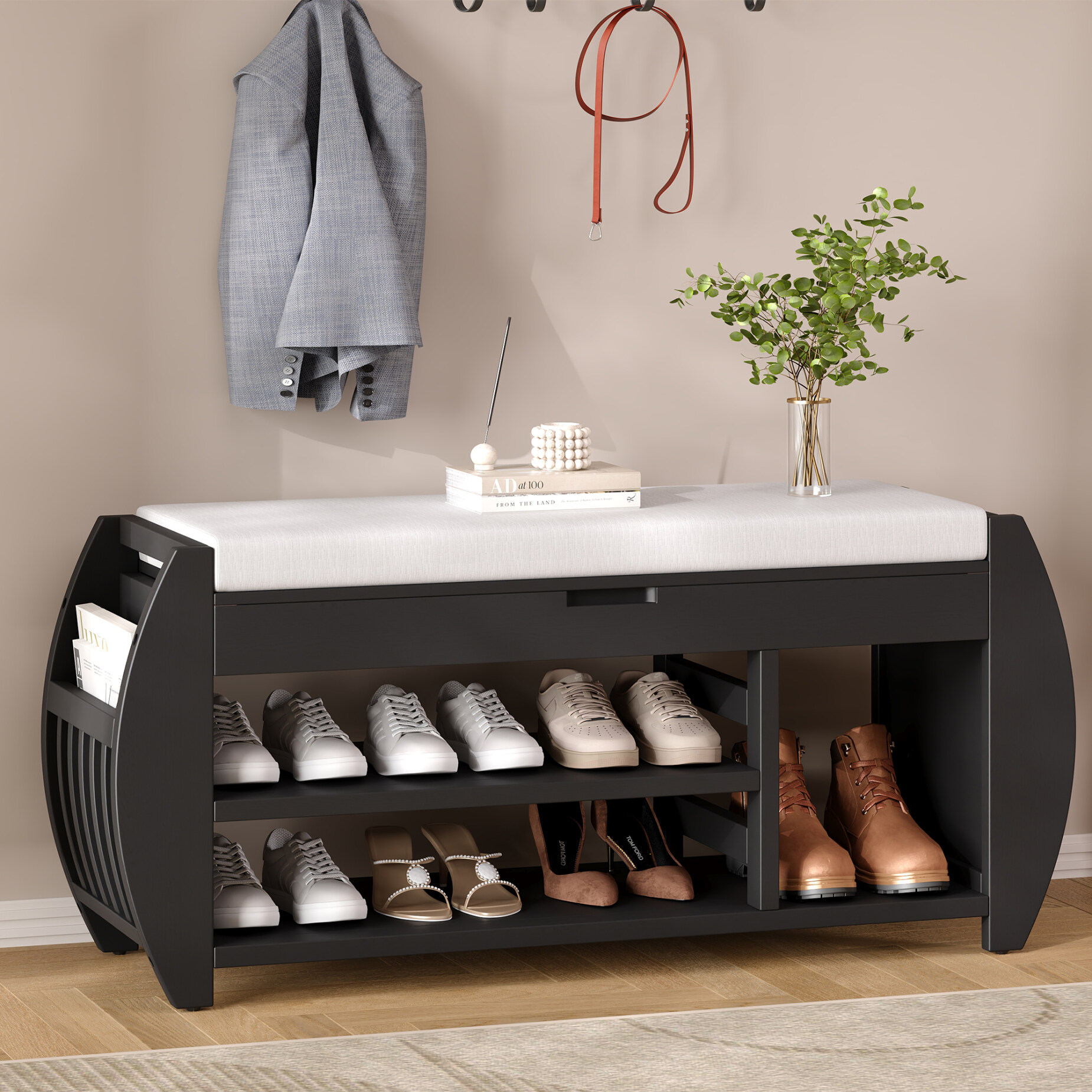 42" Multifunctional Storage Bench, Modern Stool with Open Shelving ...