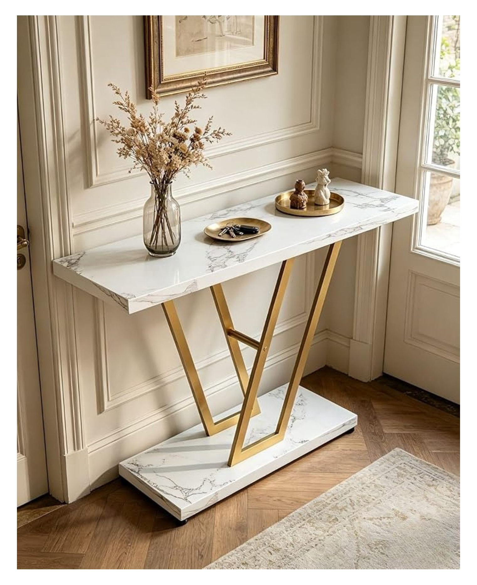 42" Narrow Console Table - Faux Marble Sofa Table with Metal Frame ...