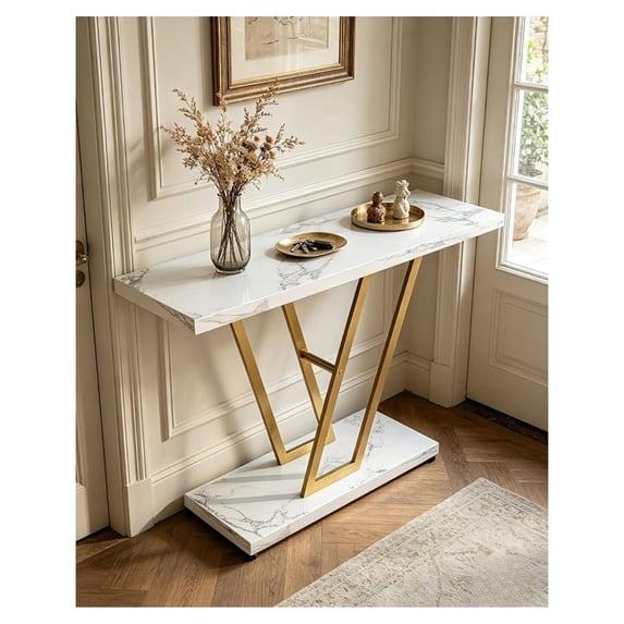 42" Narrow Console Table - Faux Marble Sofa Table with Metal Frame ...