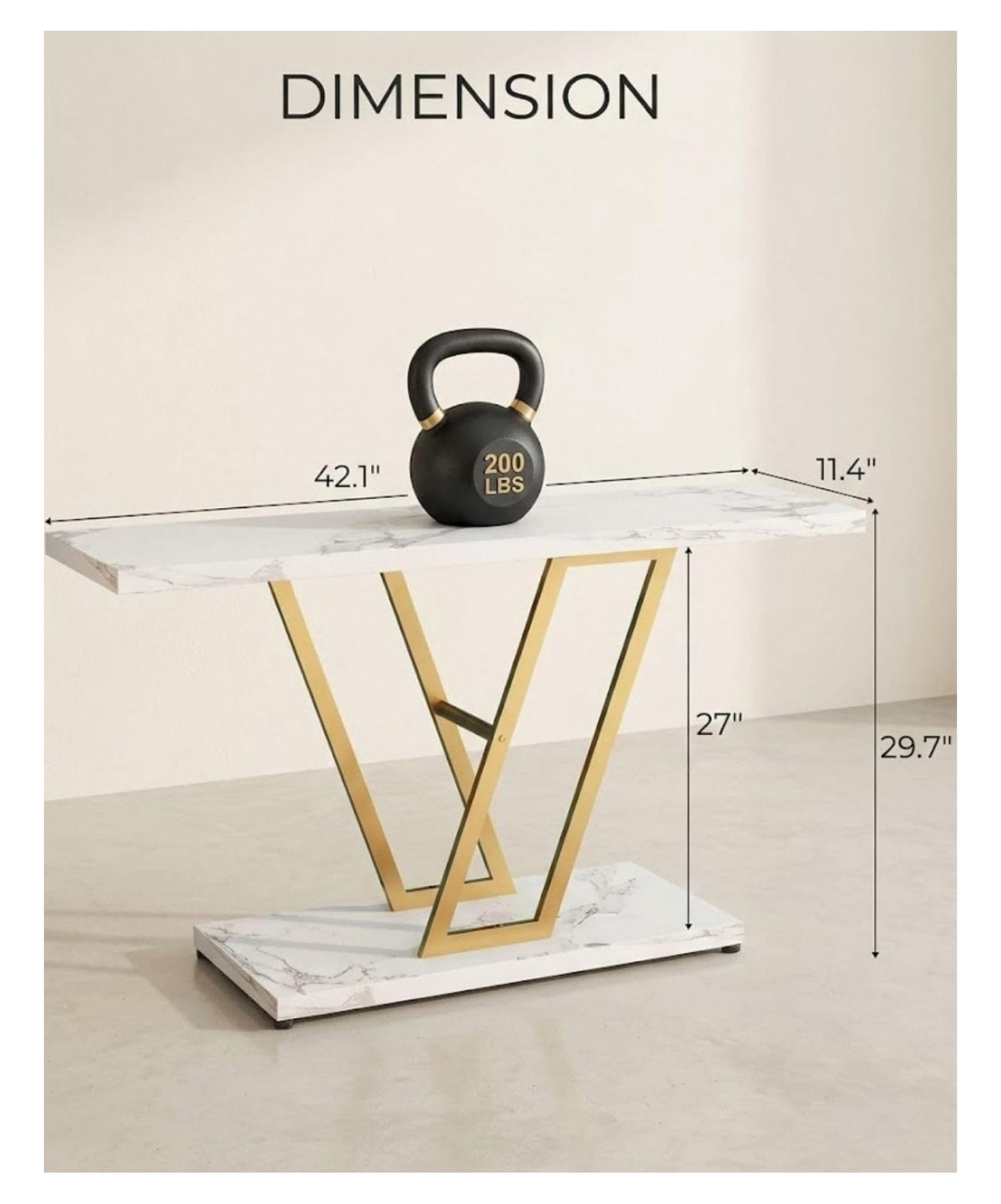 42" Narrow Console Table | V-Shape Metal Frame | Faux Marble Entryway ...