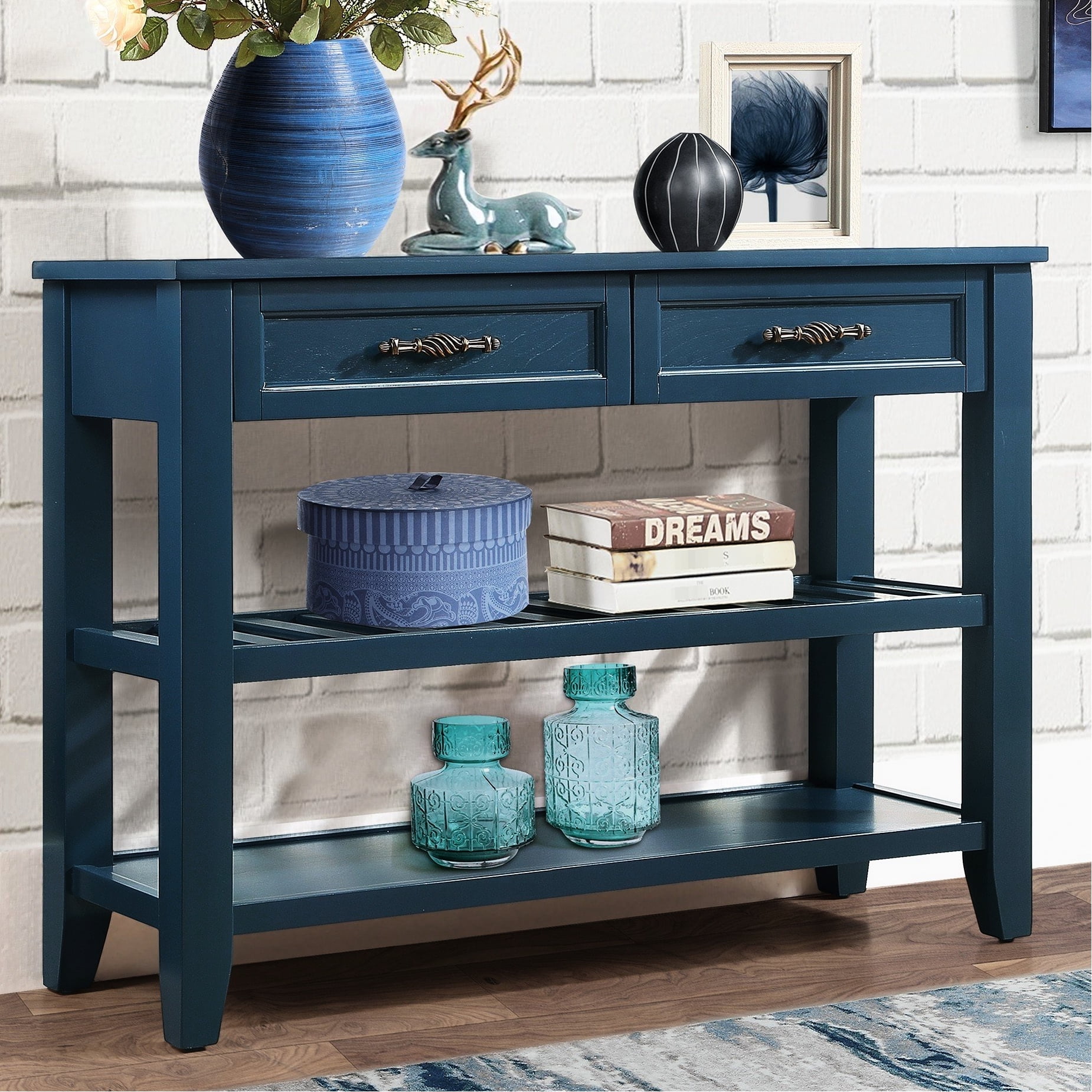 42'' Navy Blue Console Table With Drawers And Shelves, Mid-century ...