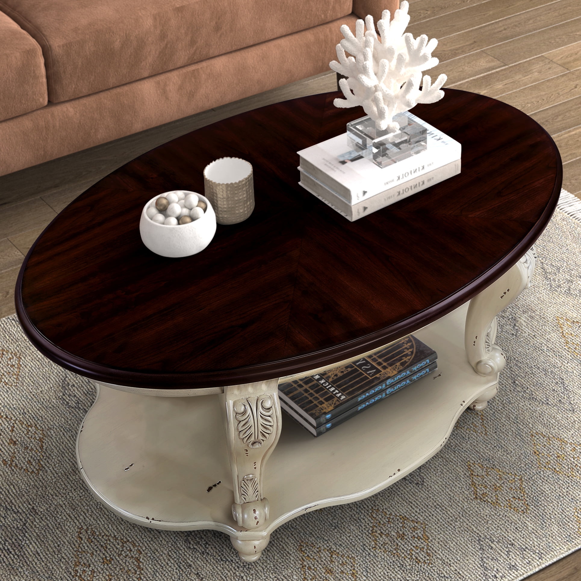 42" Oval Coffee Table, Retro Cocktail Table with 2-Tier Open Storage ...