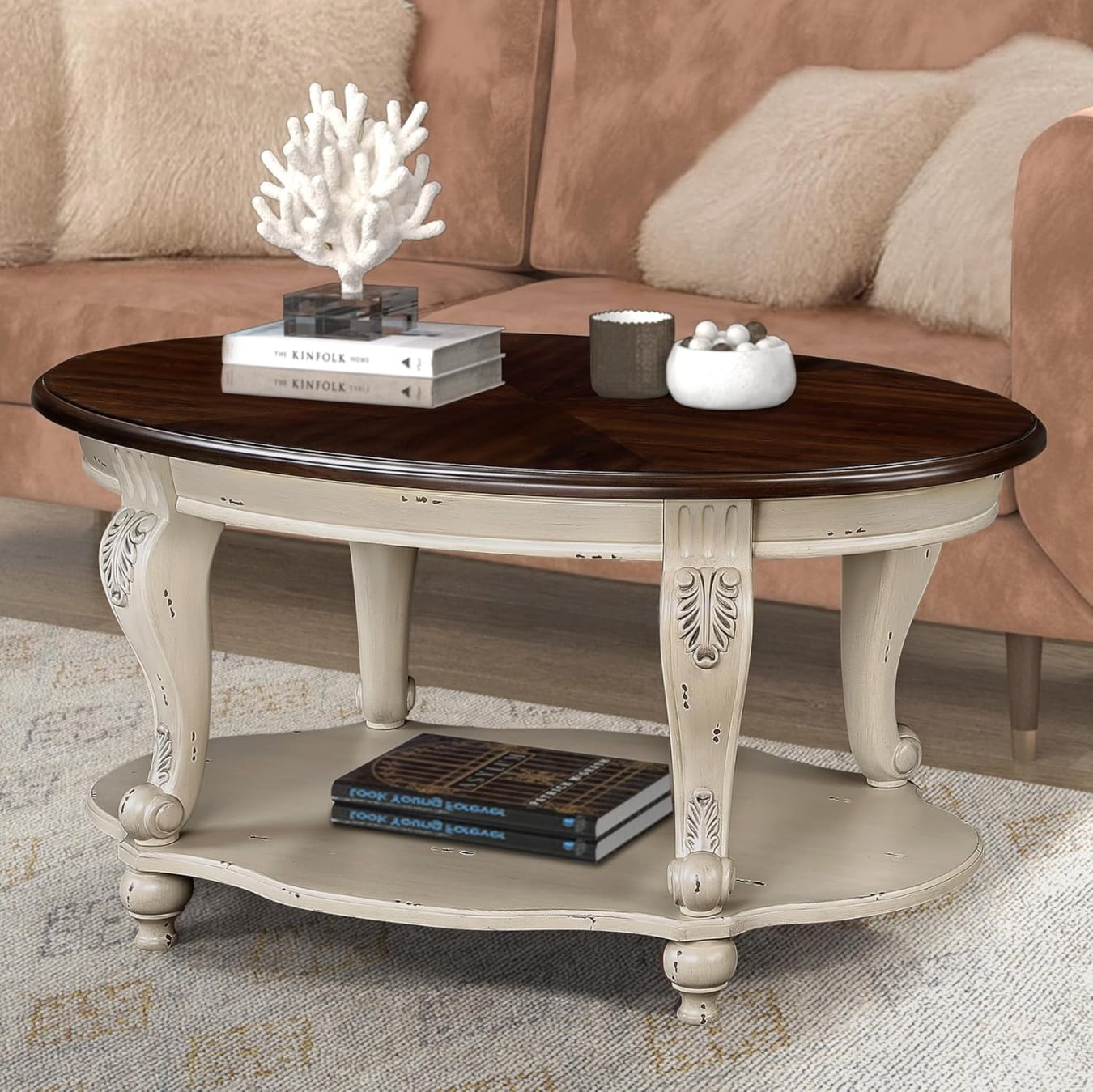 42" Oval Coffee Table with Storage Shelf, 2-Tier Solid Wood Cocktail ...