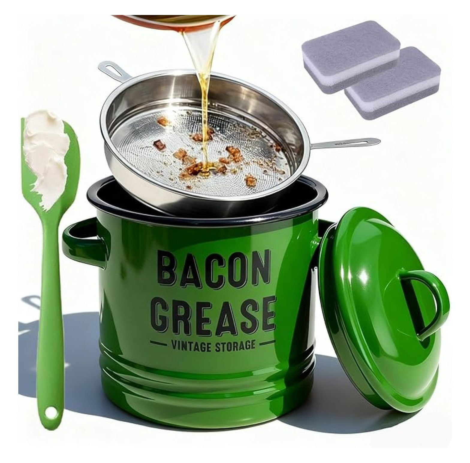 42 Oz Bacon Grease Container with Strainer and Food-Grade Silicone ...