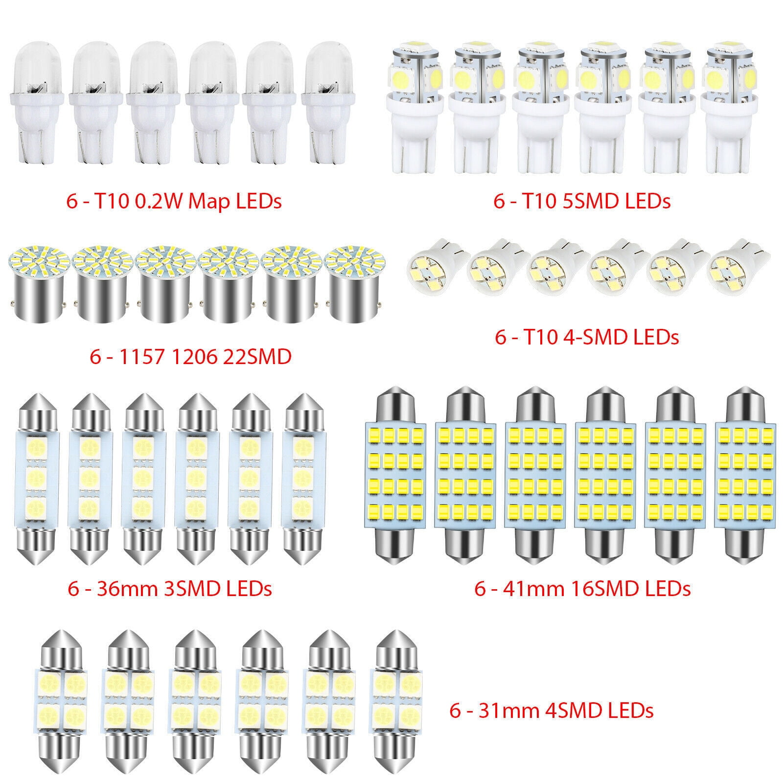 42 PCS Interior Car Lights Led Combination Set 31mm 36mm 41mm T10 1157 12V 6000K LED Dome Light ...