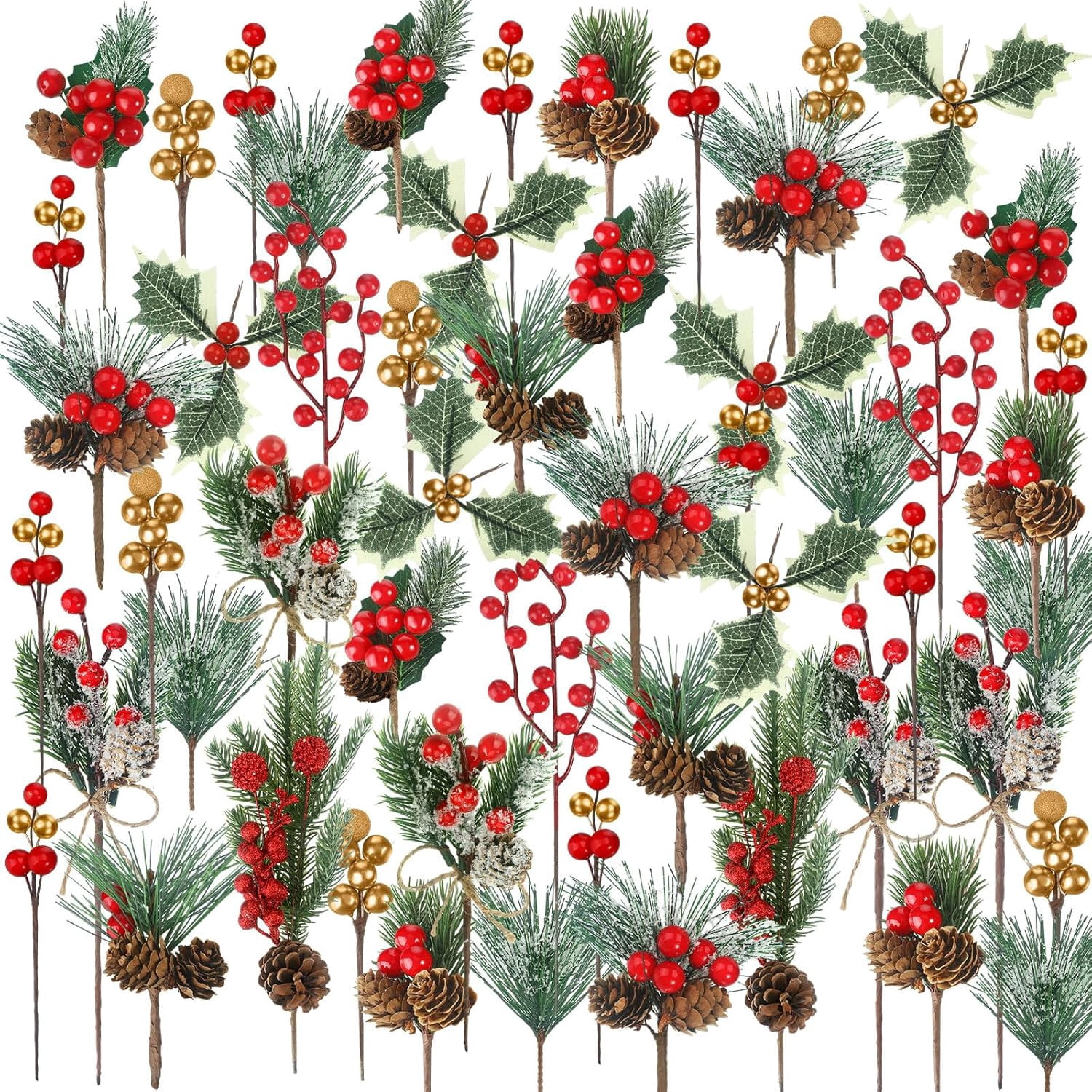 42 Pcs Christmas Picks with Pine Cones Holly Berry Artificial Red ...