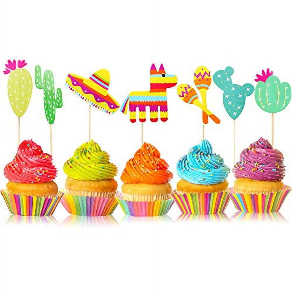 42 Pcs Mexican Fiesta Cupcake Toppers Decoration, Cactus Donkey Maraca ...