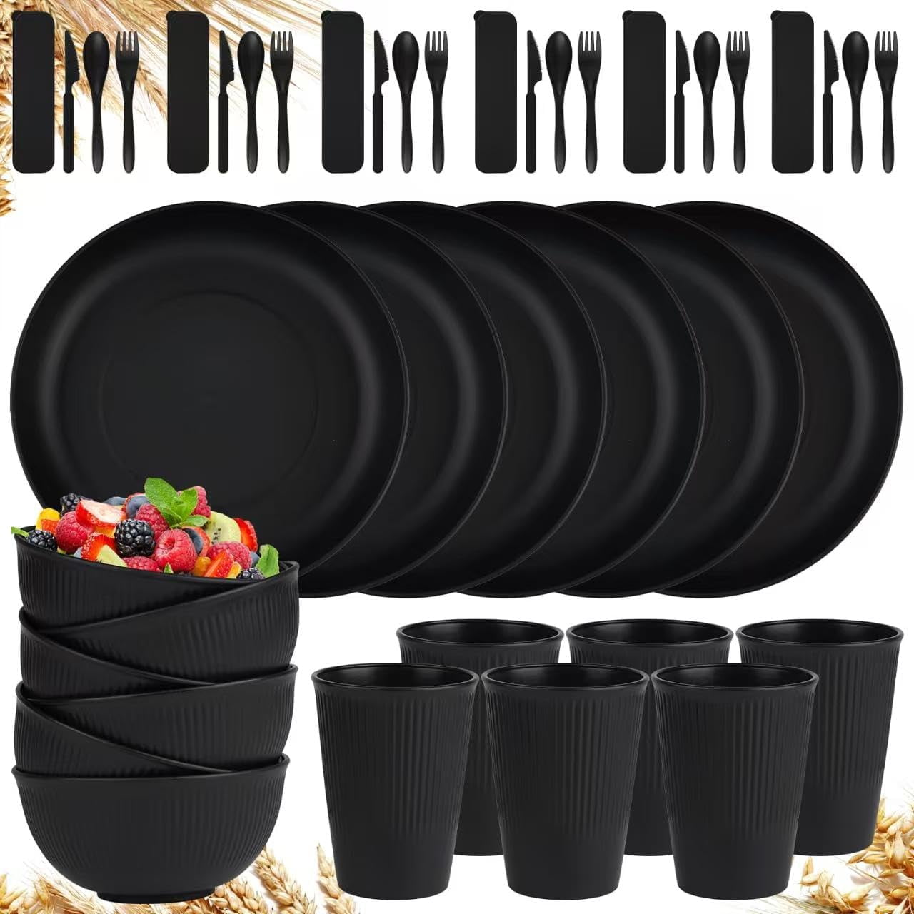 42-Piece Wheat Straw Dinnerware Set,Unbreakable Plates and Bowls Set ...