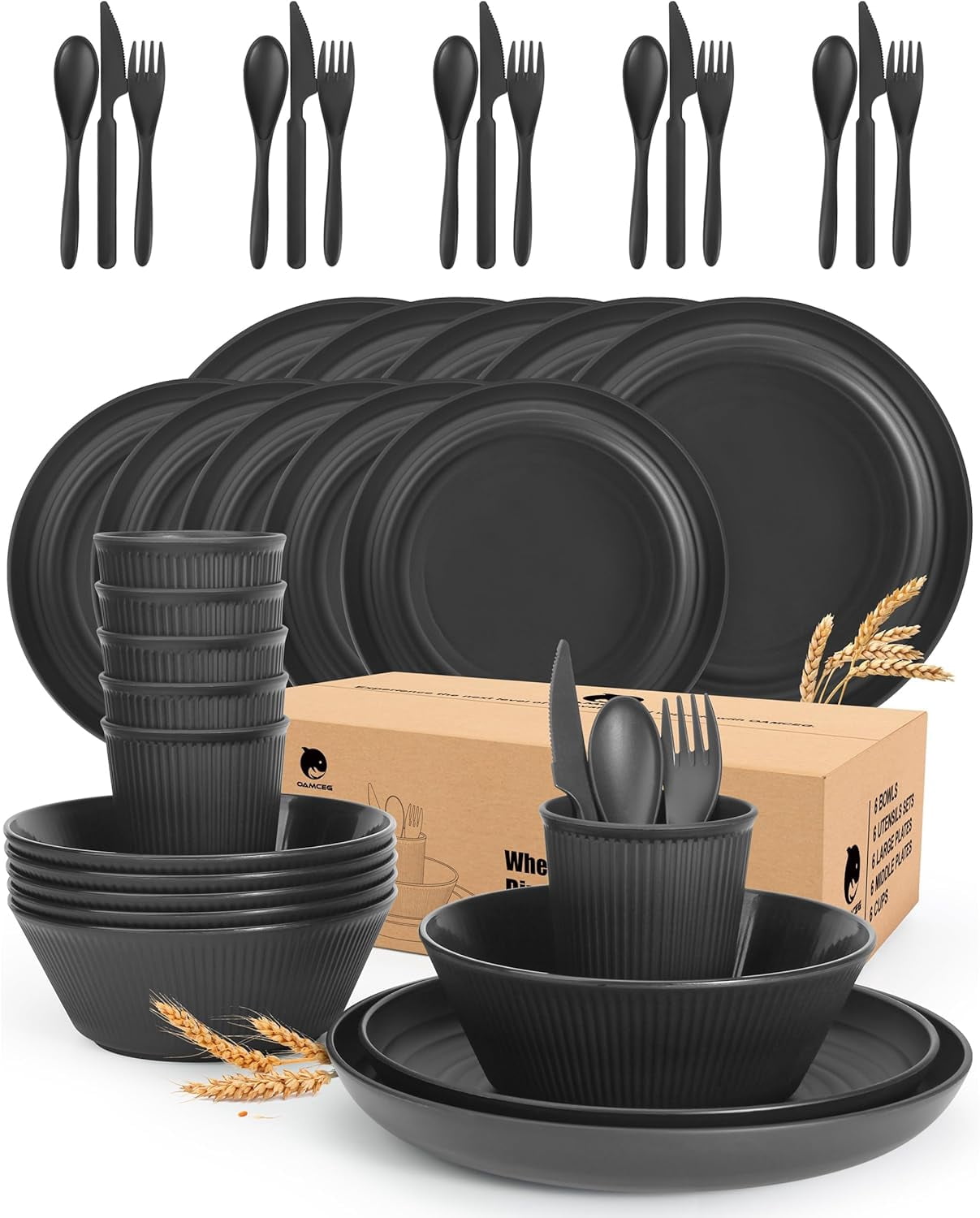 42 Pieces Wheat Straw Dinnerware Set - Plastic Dinner Set for 6 ...