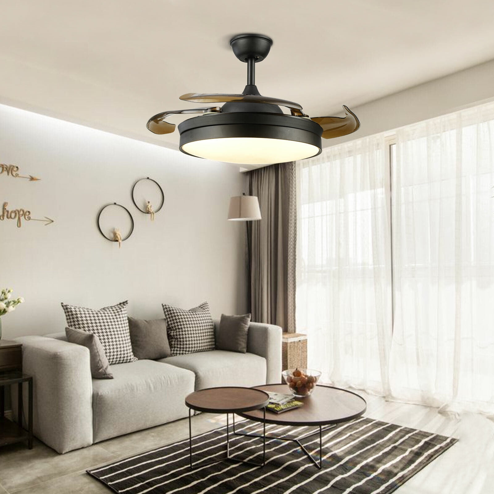 42" Retractable Blades LED Ceiling Fan Light Lamp Chandelier with ...