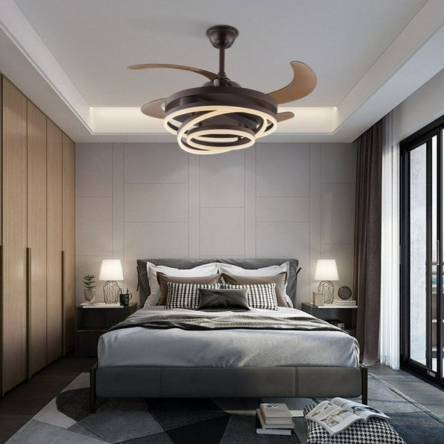 42" Retractable Ceiling Fan Light LED 3 Color 6 Speed Chandelier Lamp ...